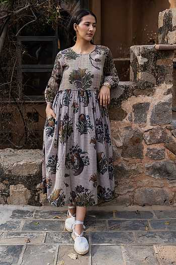 Buy Grey Cotton Hand Paint Floral Round Vinta Mallow Print Dress For ...