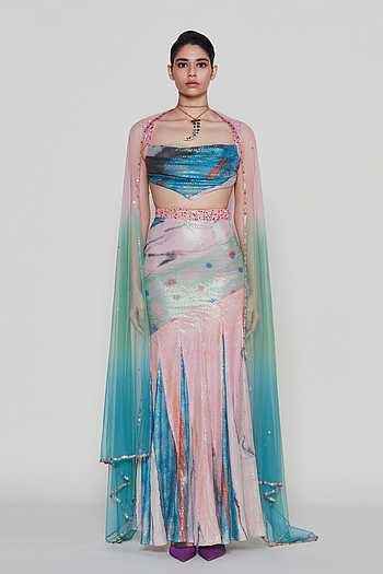 Buy Blue Net Embellished Sequin Cowl Neck Empyrea Work Skirt Set For ...