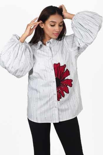 Buy Black Cotton Applique Floral Collared Neck Shirt For Women by ...
