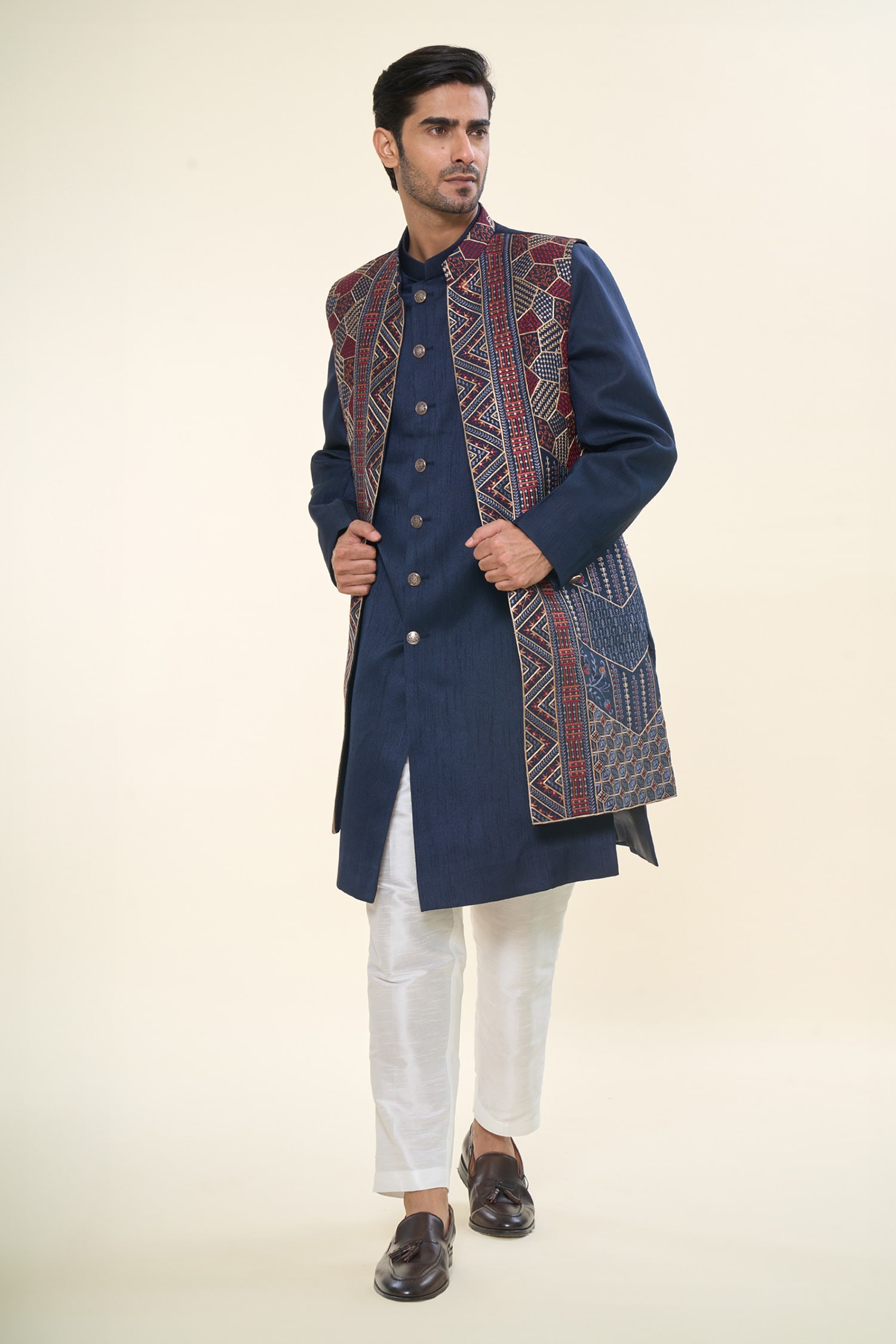 Buy Blue Terry Silk Embroidered Thread Achkan Set With Nehru Jacket For ...