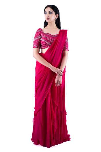 Buy Fuchsia Chiffon Embroidered Sequin Sweetheart Pleated Pre-draped ...