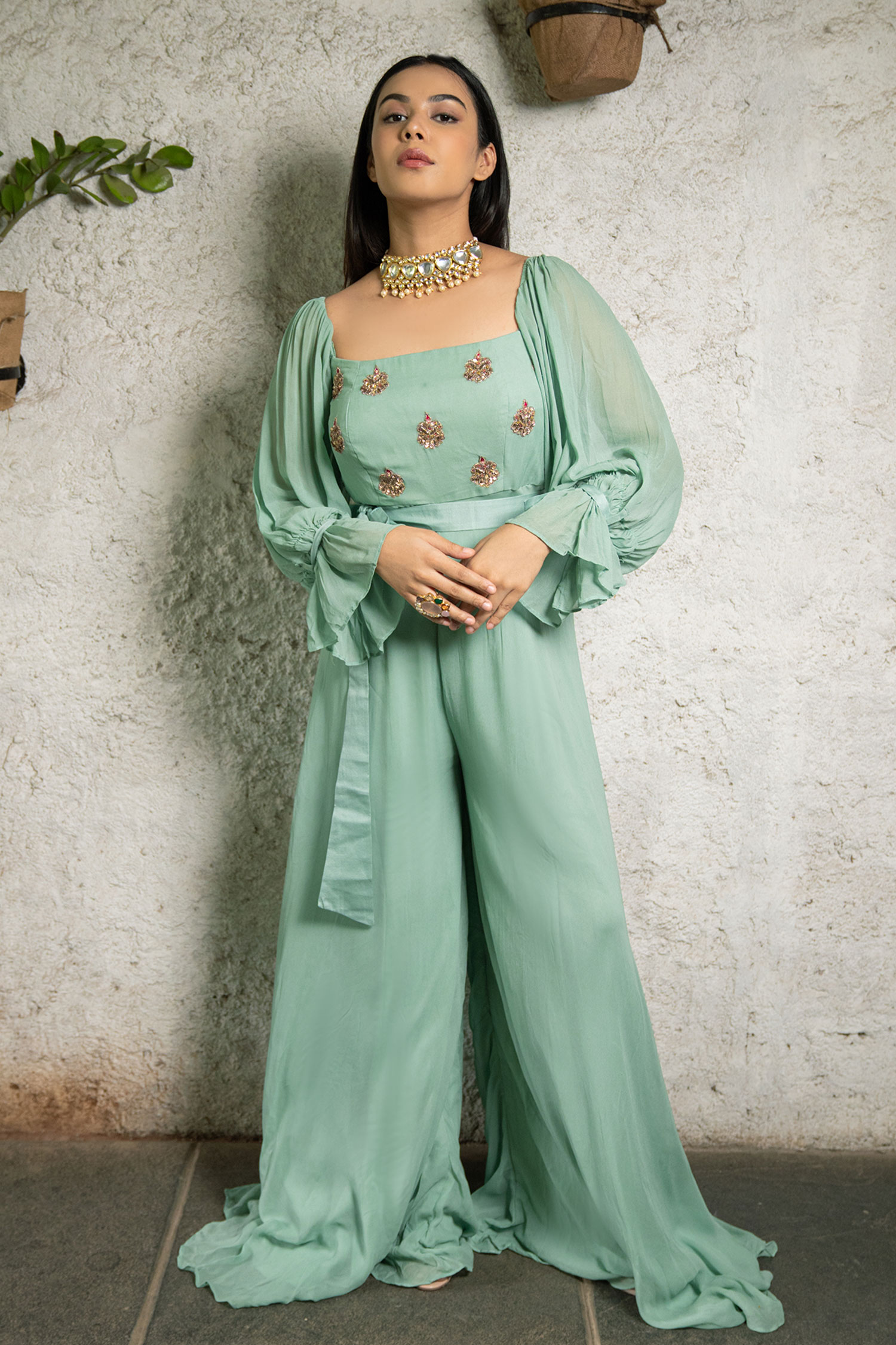 Buy Green Georgette Embroidered Sequin Square Butti Jumpsuit For Women ...