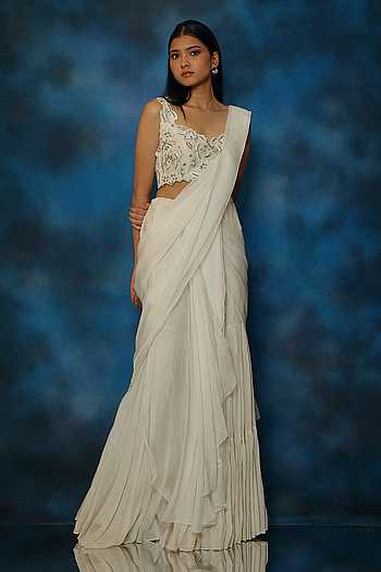 Buy Off White Linen Silk Embroidery Thread Bay Salt Pleated Pre Draped ...