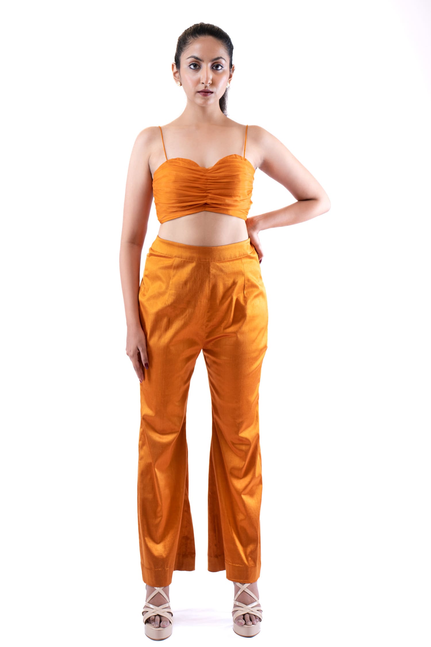 Buy Orange Organza Solid Sweetheart Pleated Bustier With Pant For Women ...