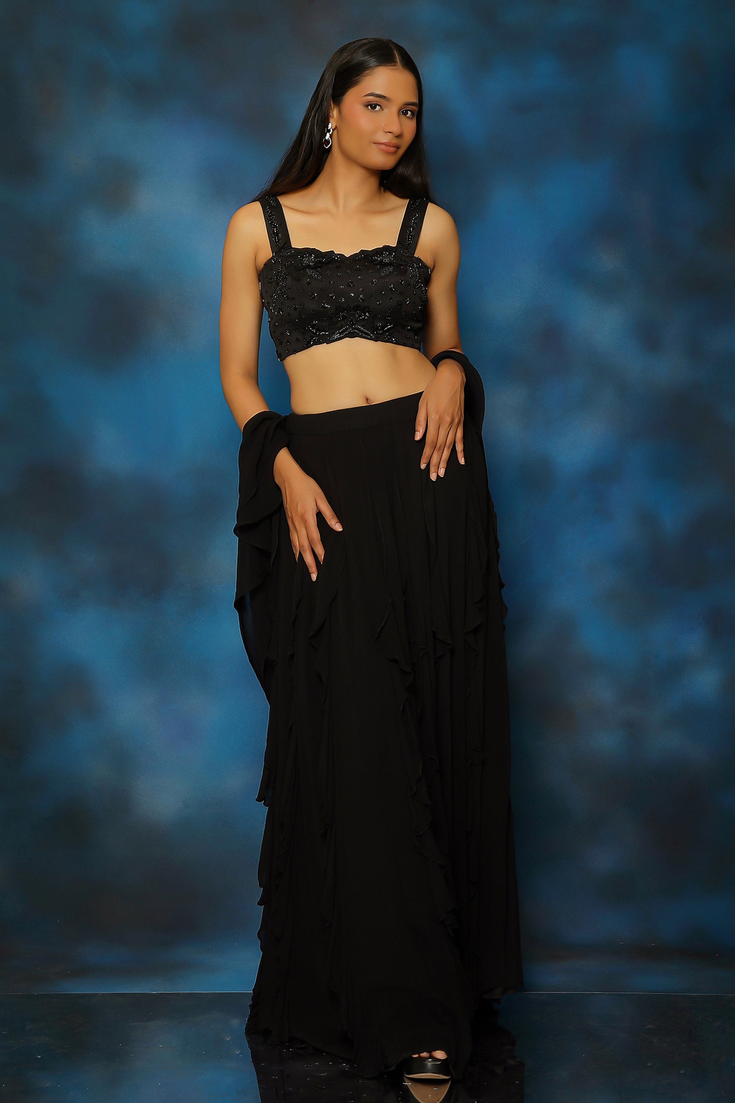 Buy Black Silk Embellished Thread Sweetheart Neck Bustier Lehenga Set ...