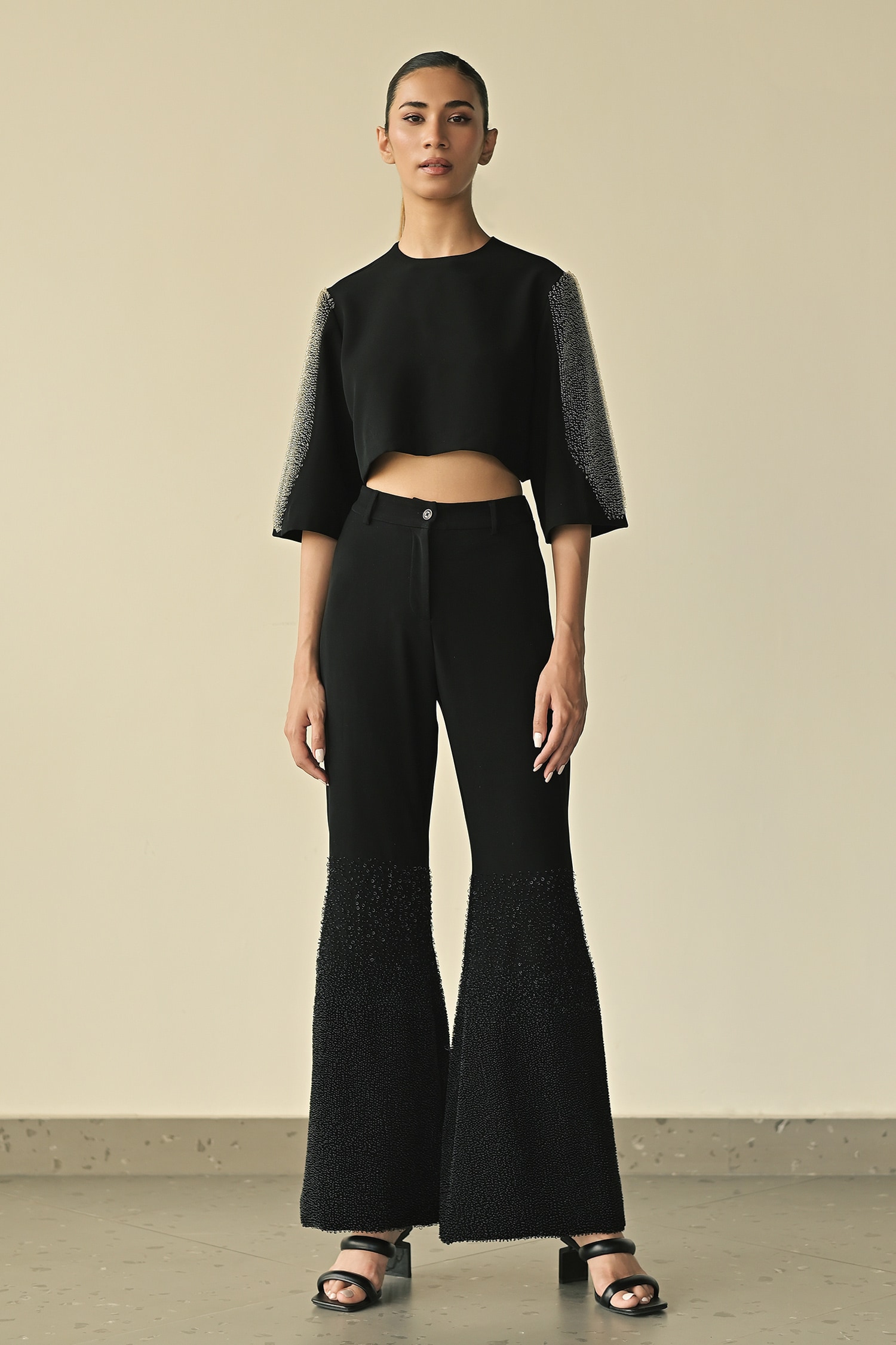 Buy Black 95% Viscose Blend Sleeve Crop Top And Gradated Bell Bottom ...