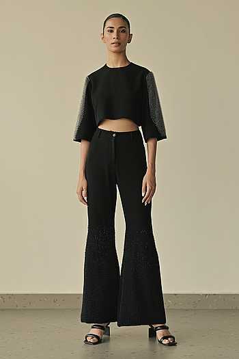 Buy Black 95% Viscose Blend Solid Gradated Bell Bottom Trouser For ...