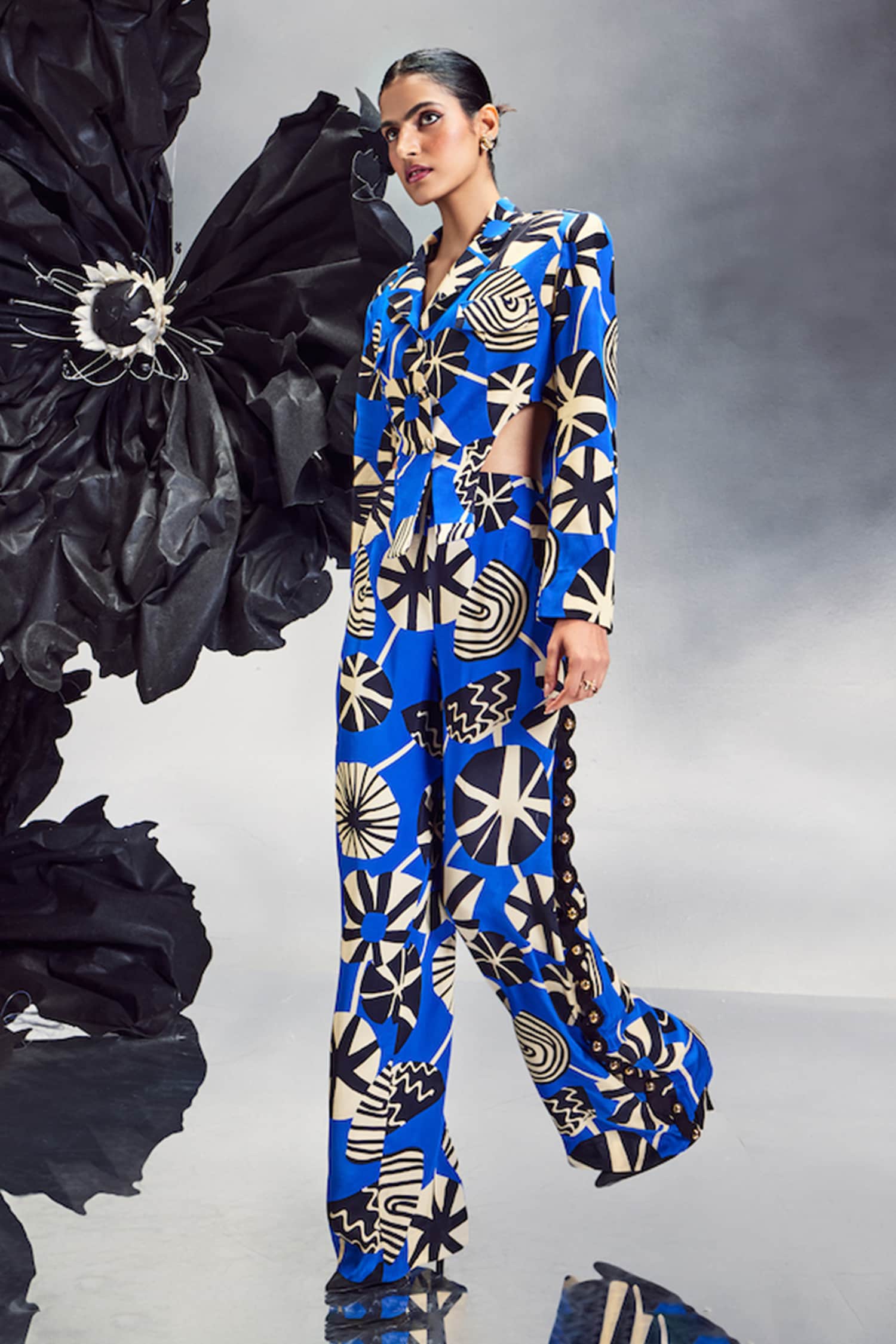 Buy Blue Silk Printed Abstract Notched Lapel Cutout Blazer With Studded ...