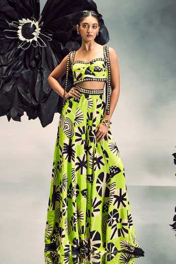 Buy Green Crepe Printed Abstract Sweetheart Metal Studded Bustier With ...