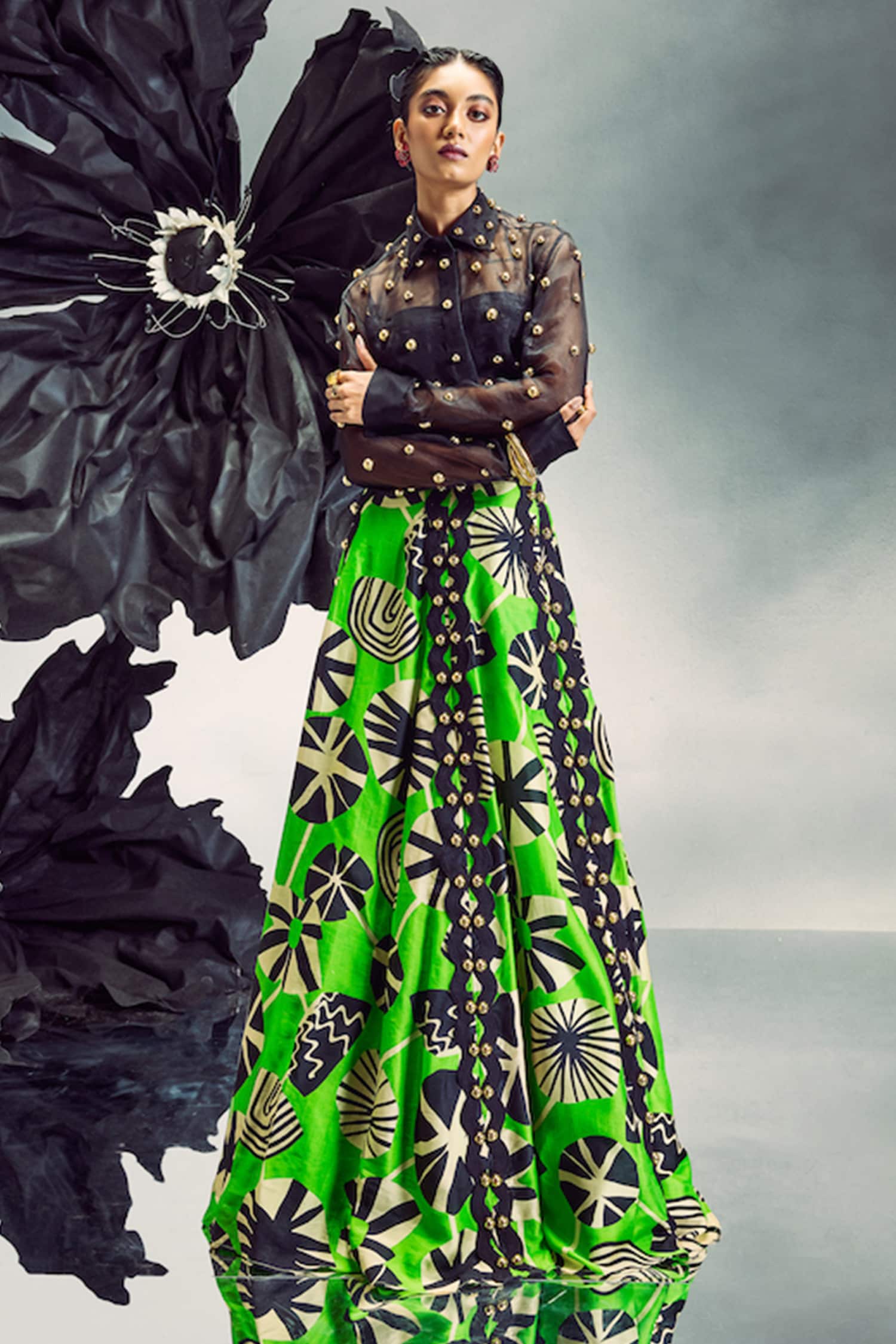 Buy Green Sheer Silk Printed Abstract Collar Rick Rack Studded Lehenga ...