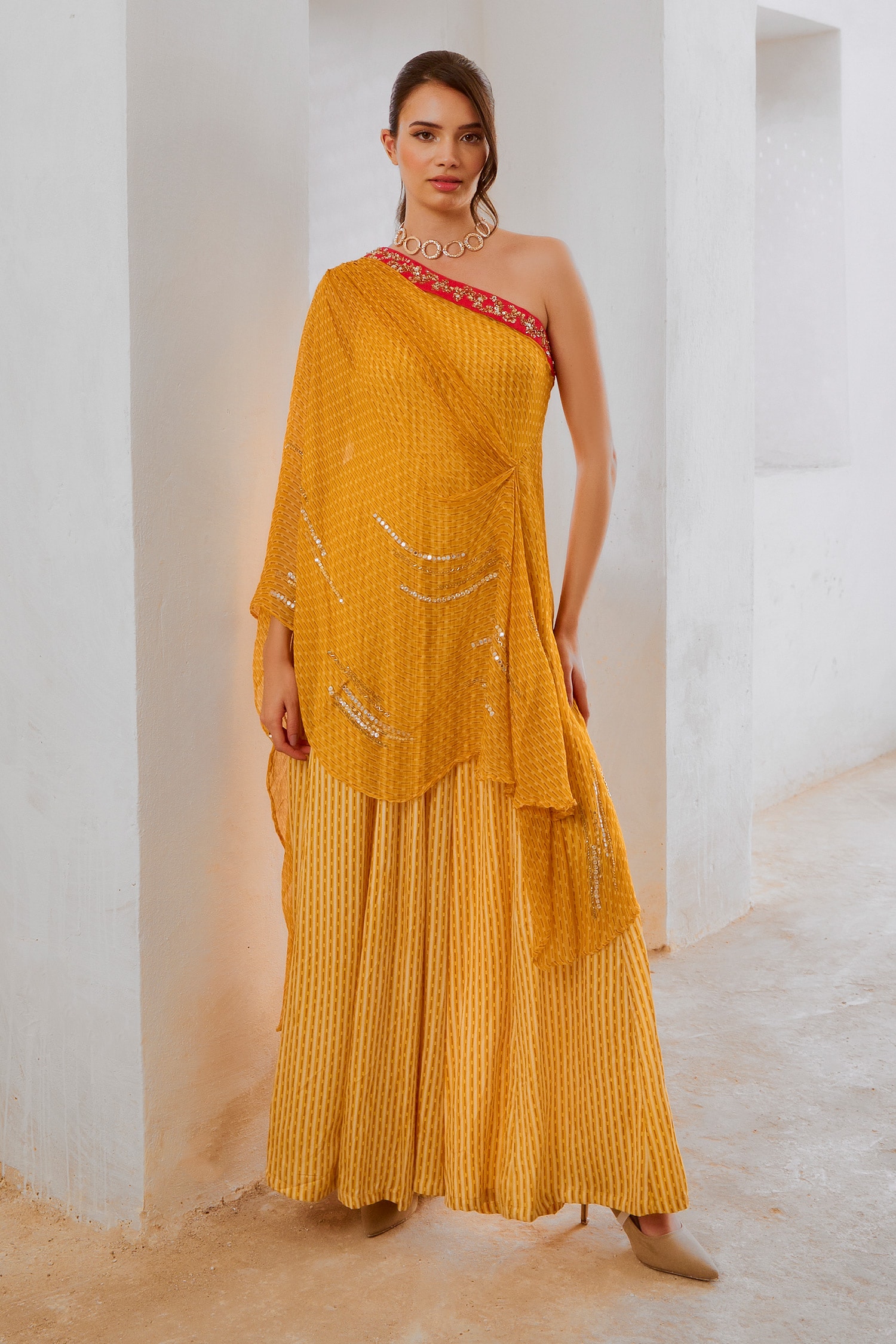 Buy Yellow Togachiffon Printed Matchstix Toga One Shoulder With ...