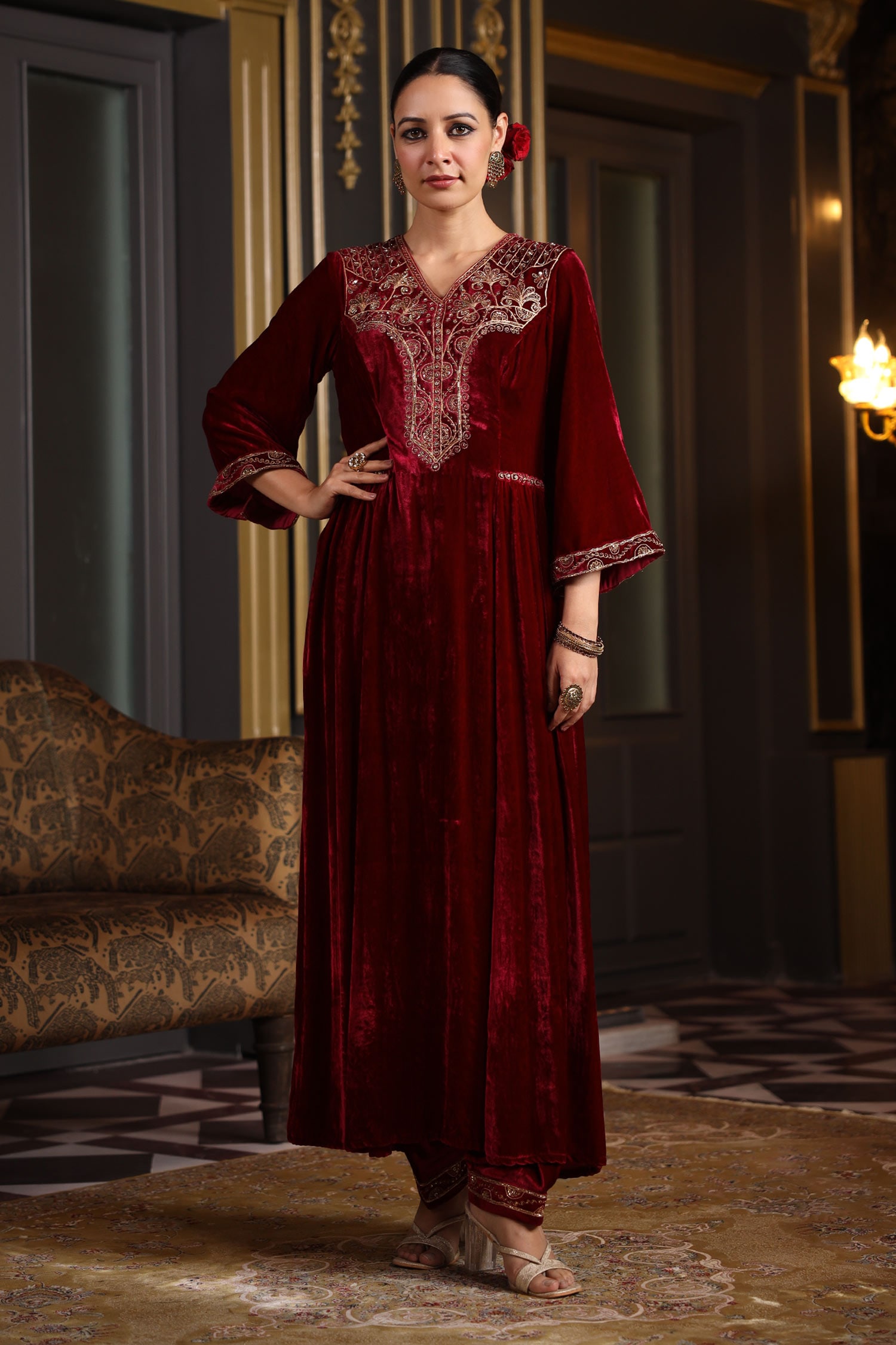 Buy Maroon Velvet Embroidery Resham V Neck Kurta And Pant Set For Women ...
