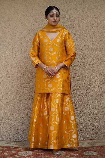 Buy Orange Silk Woven Noor Bahar V Neck Kurta Sharara Set For Women by ...