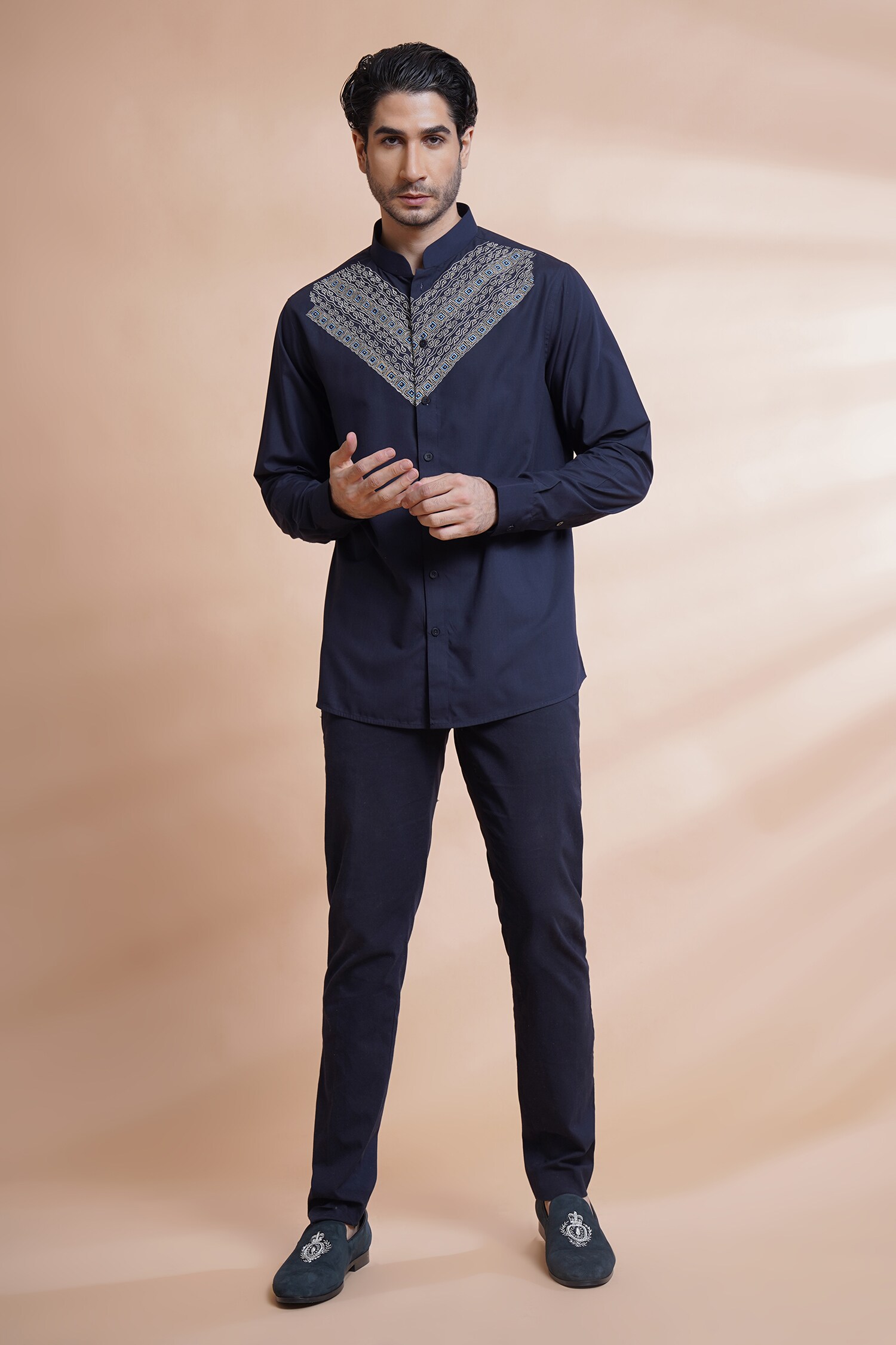 Buy Blue Cotton Embroidered Thread Shirt For Men by HOUSE OF SUPRIYA ...