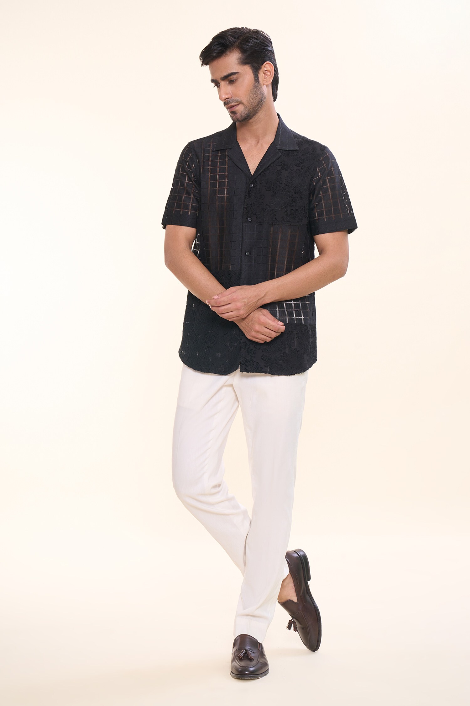 Buy Black Net Embroidery Patchwork Floral Shirt For Men by Prima Czar ...