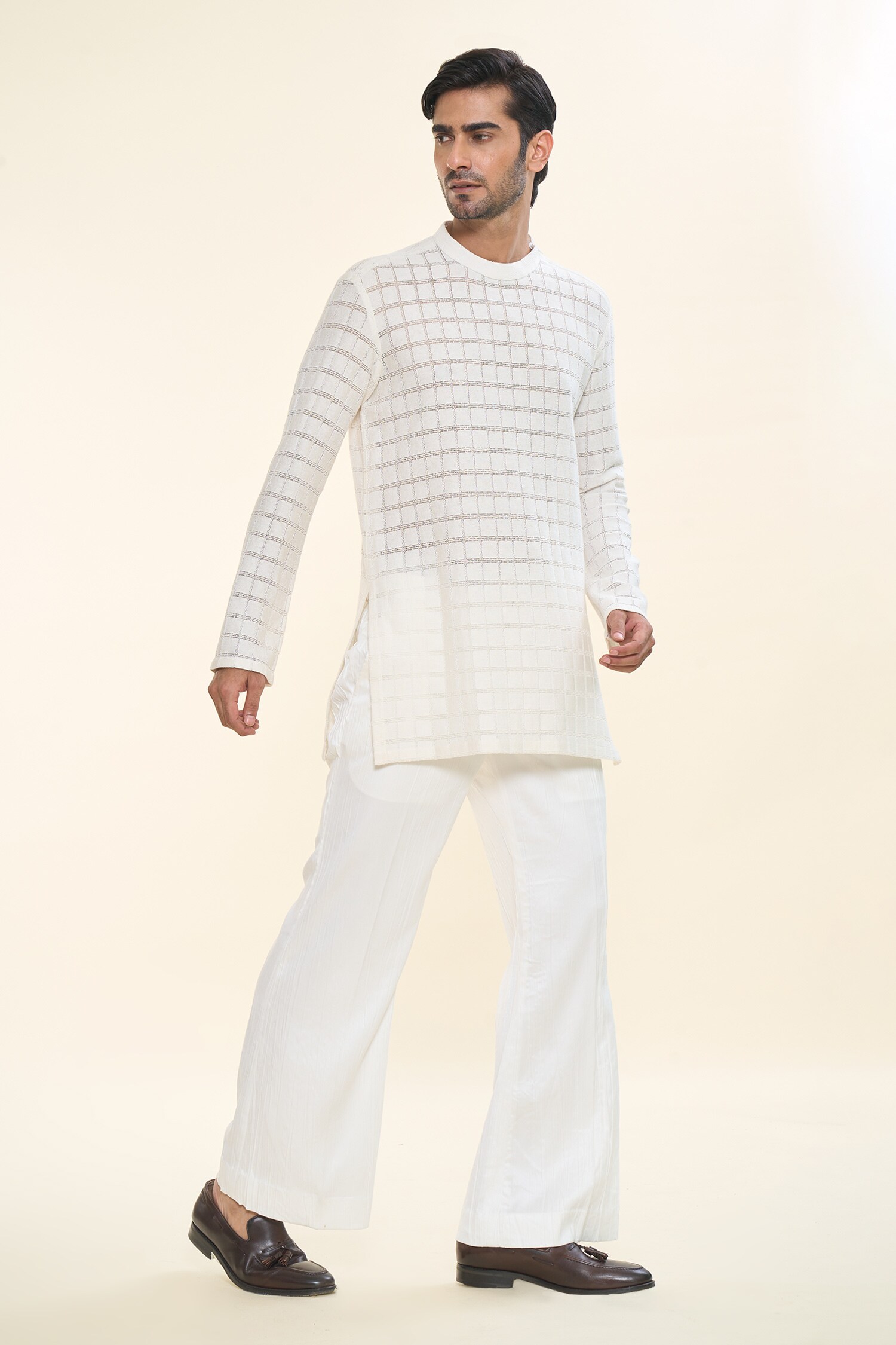 Buy Off White Net Textures Checks Short Kurta For Men by Prima Czar ...
