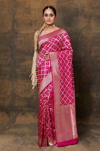 Buy Pink Banarasi Pure Silk Handwoven Checkered Saree With Running ...