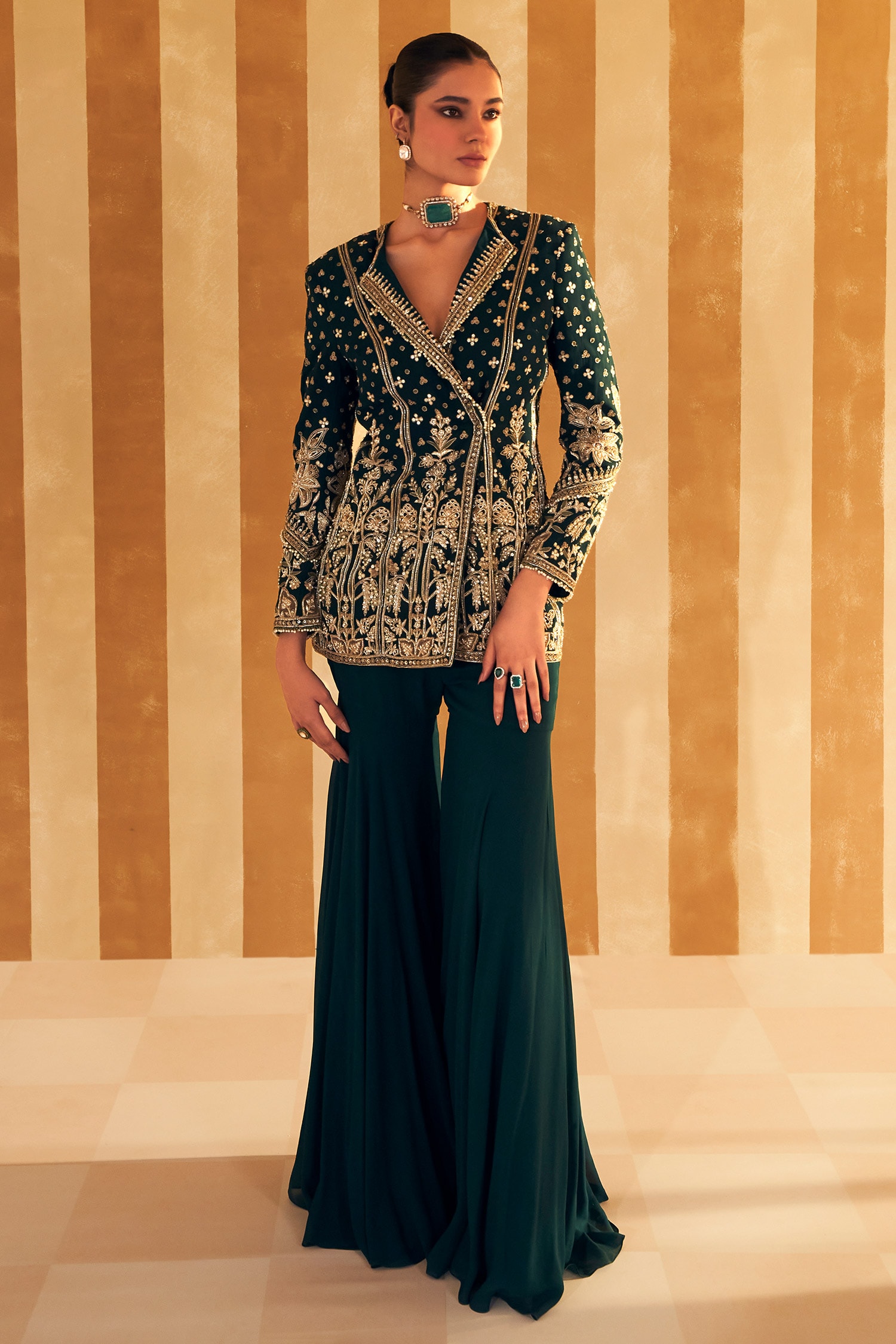 Buy Green Georgette Embroidery Aari Camp Zeeb Mughal Bloom Jacket With ...