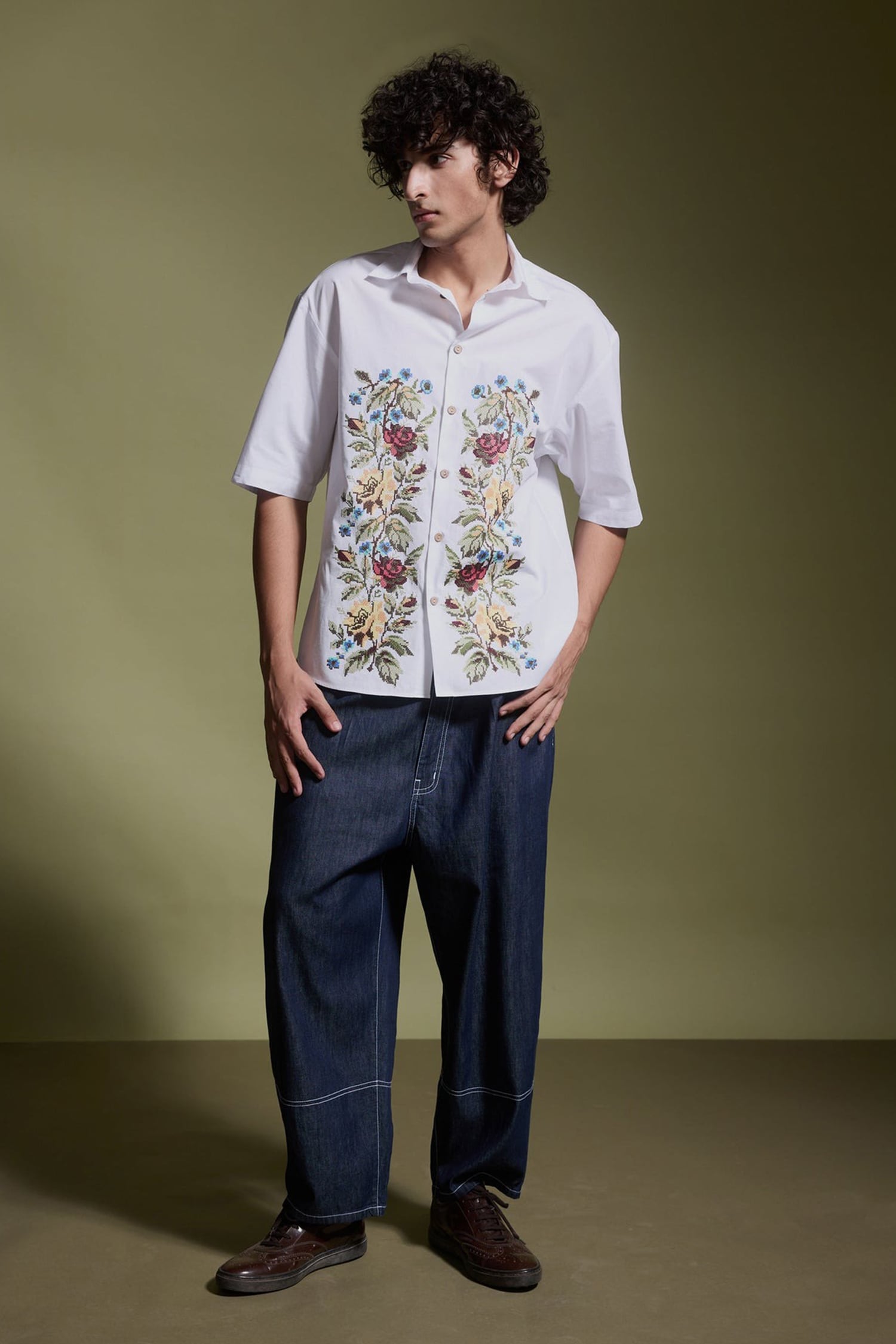 Buy White 100% Cotton Embroidery Cross Stitch Motif Shirt For Men by ...