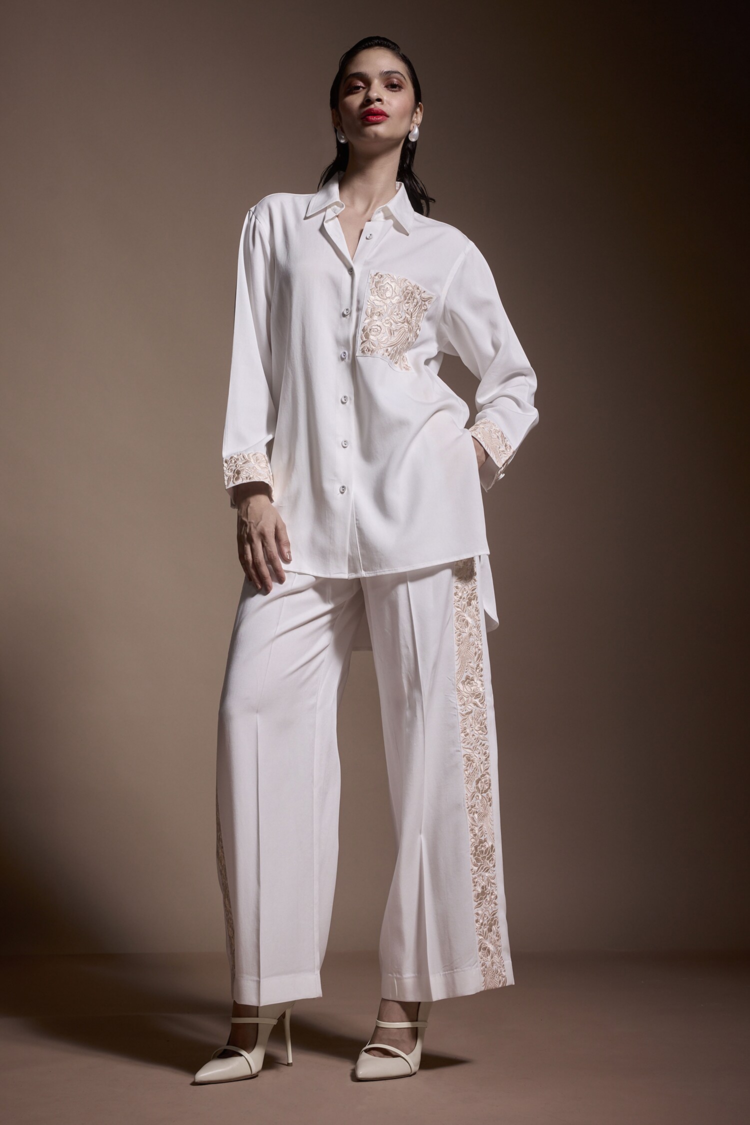 Buy Ivory 100% Tencel Embroidery Gara Floral Collar Shirt With Pant For ...