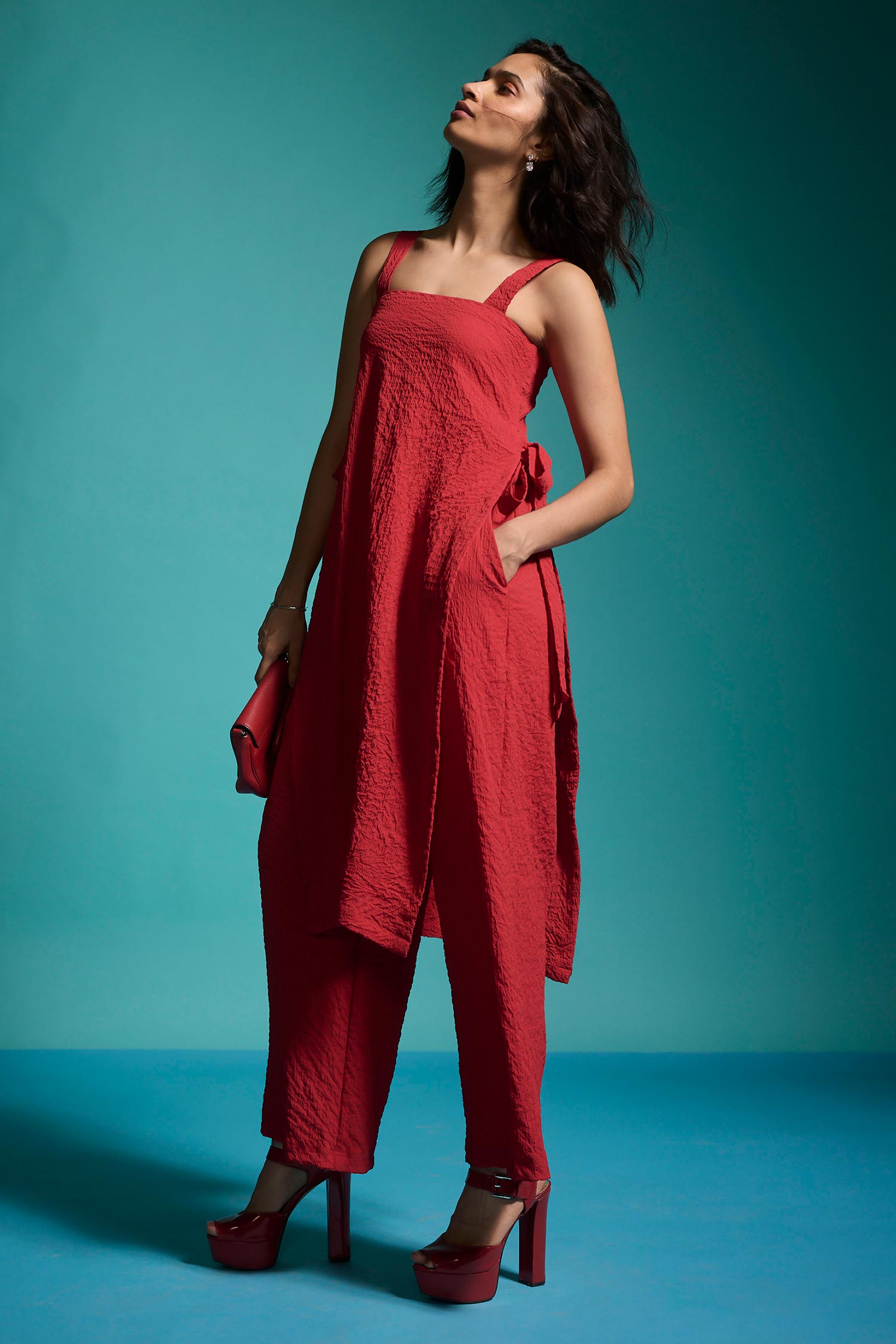 Buy Red 100% Recycled Polyester Plain Square Neck Crinkle Textured ...