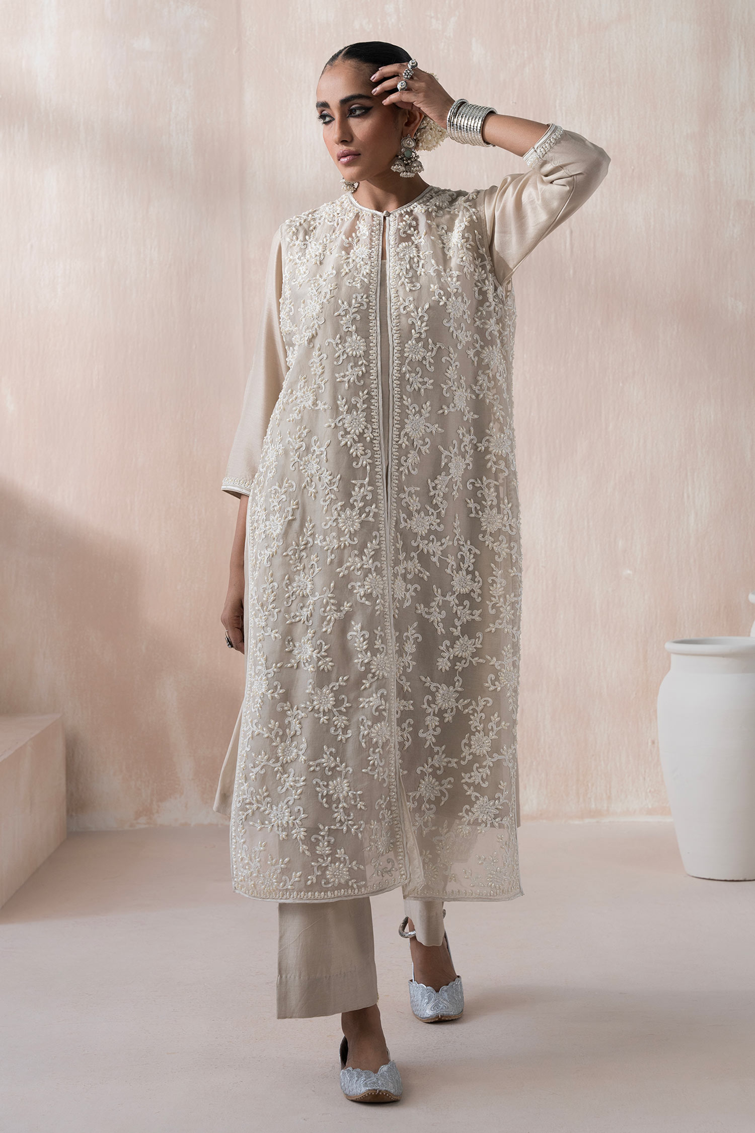 Buy Ivory Organza Embroidered Floral Kurta Round Neck Jacket With Set ...