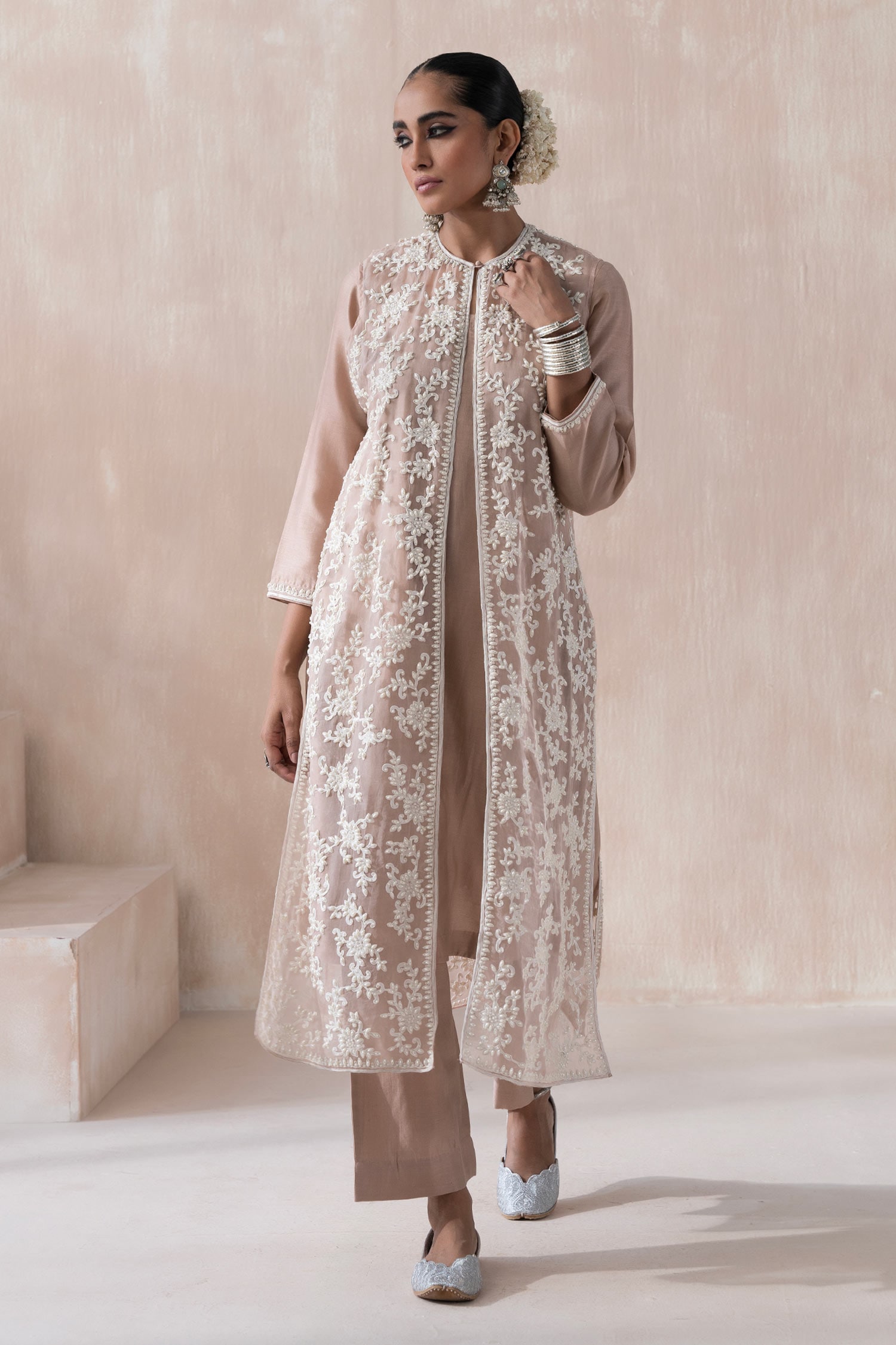 Buy Pink Organza Embroidered Floral Kurta Round Neck Jacket With Set ...