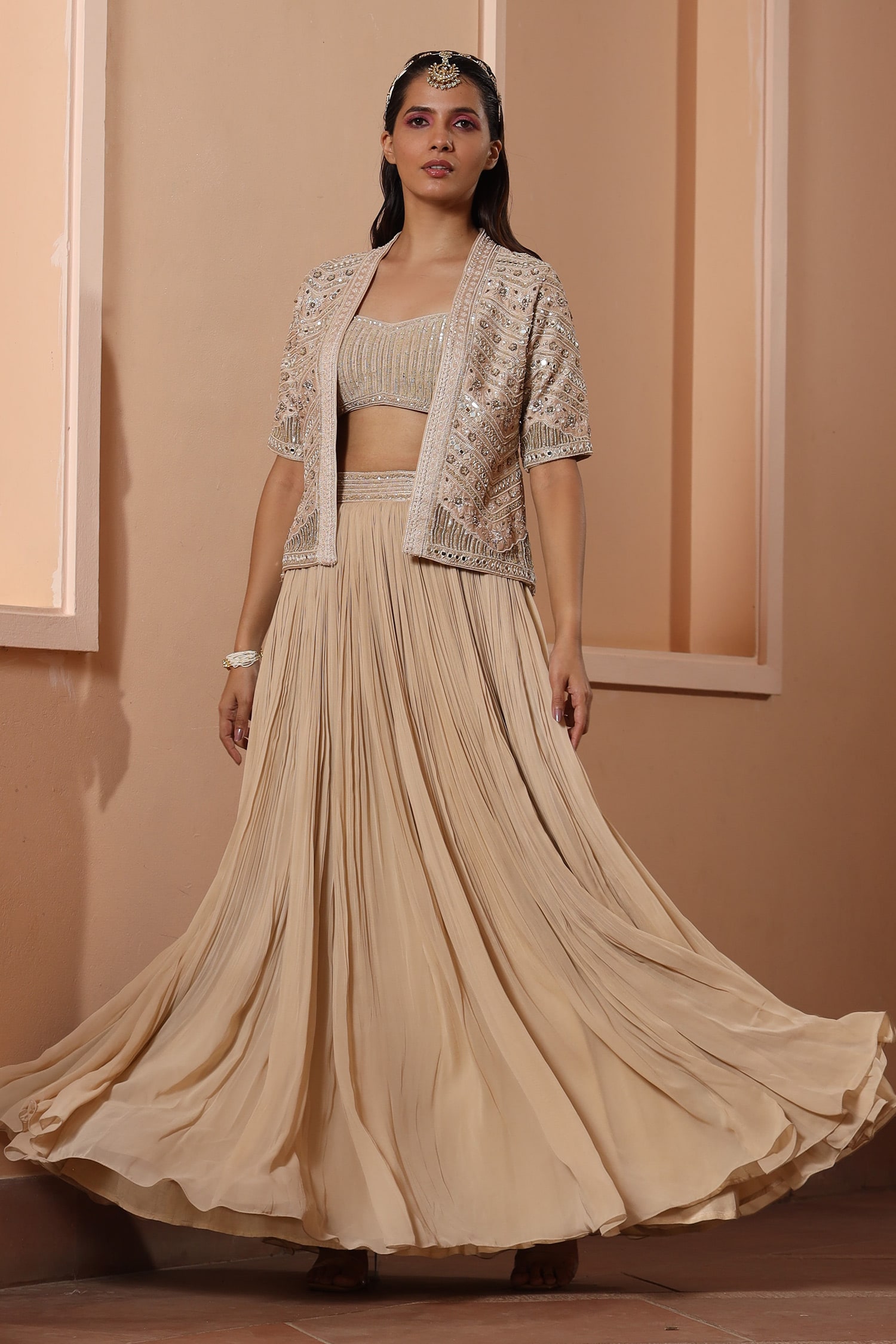 Buy Ivory Georgette Embroidery Thread Open Chevron Cape Skirt Set For ...