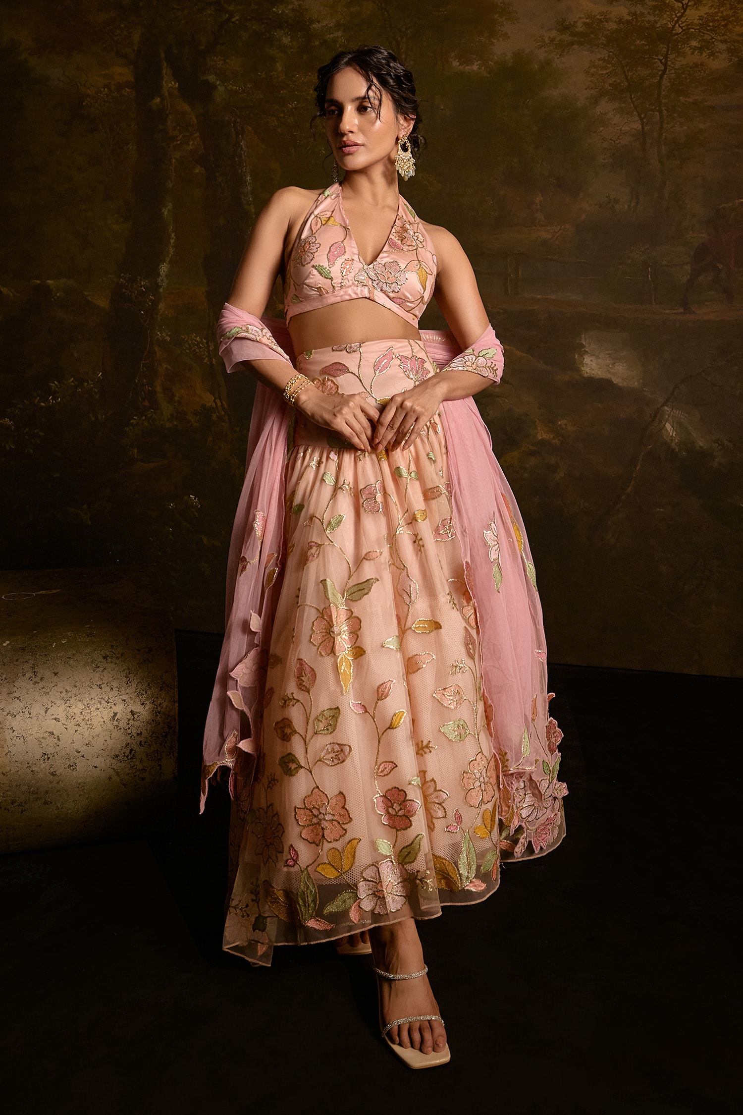 Buy Peach Embroidered Mesh Fabric Gullista Halter Adishri Lehenga Set For Women by SAANJH BY LEA ...