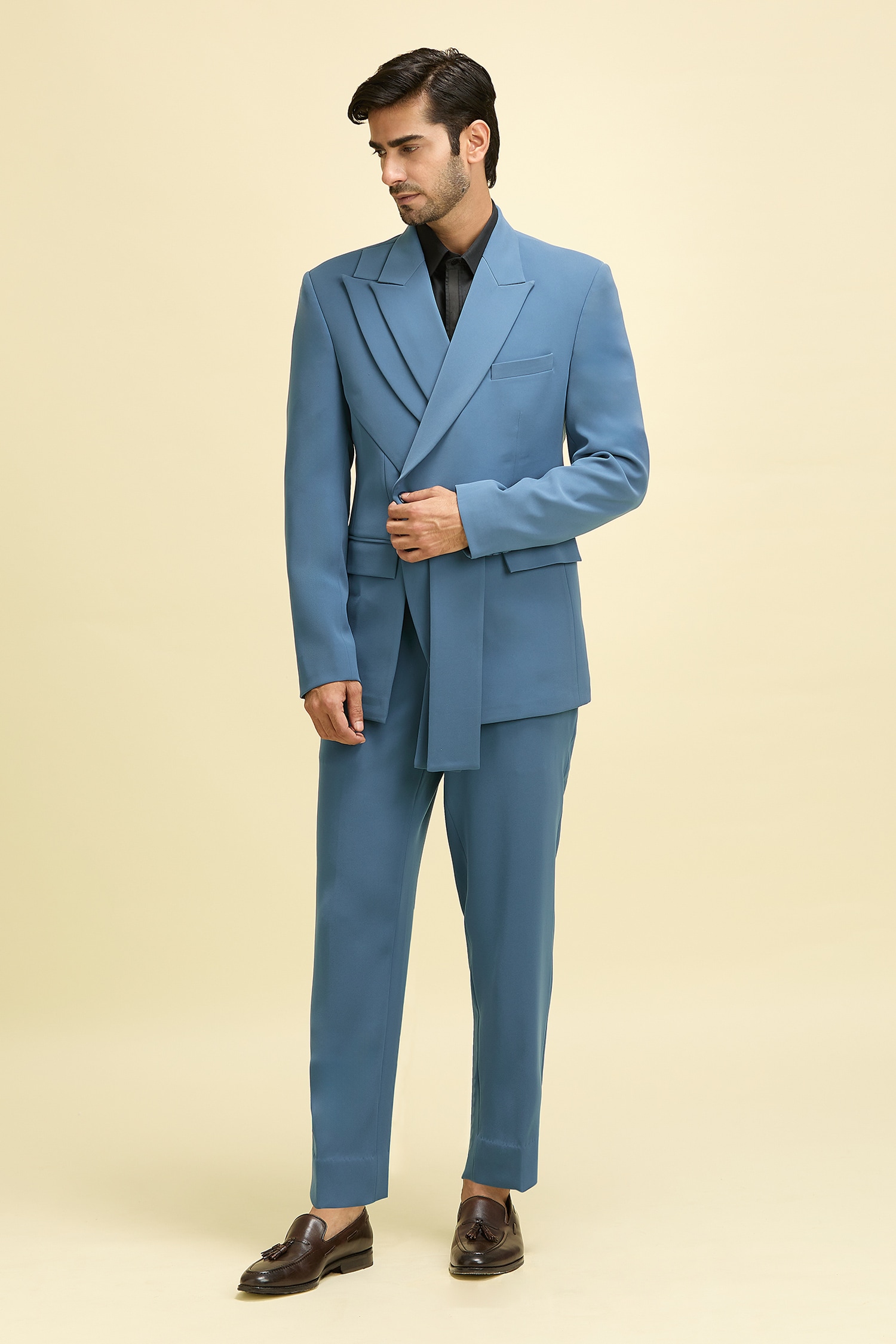 Buy Blue Silk Viscose Asymmetric Suit Set For Men by Aryavir Malhotra ...