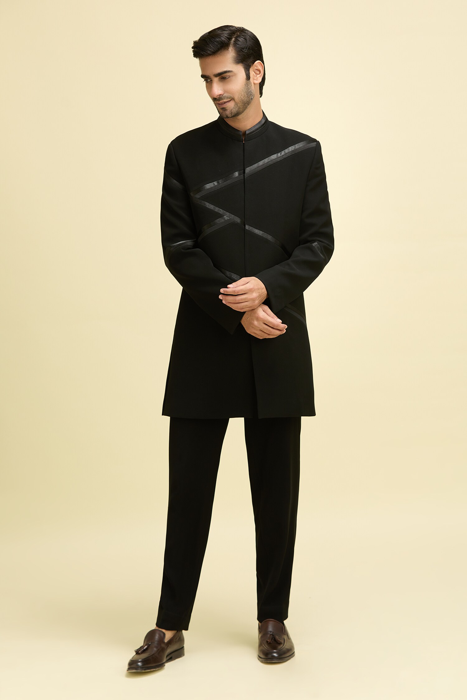 Buy Black Silk Viscose Ray Striped Work Bandhgala With Trouser For Men ...