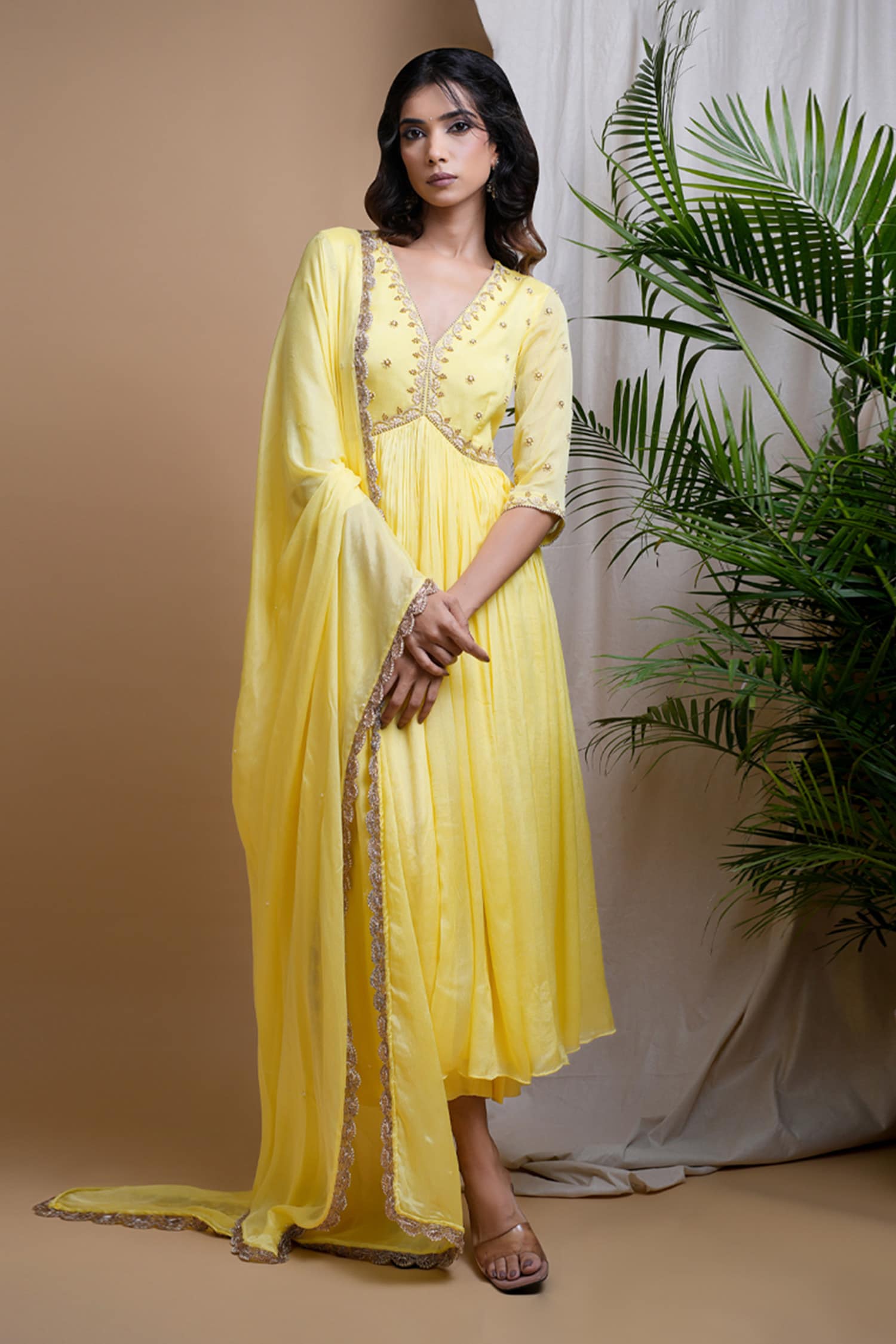 Buy Yellow Chinon Chiffon Hand Embroidered Moti V-neck Anarkali Palazzo ...