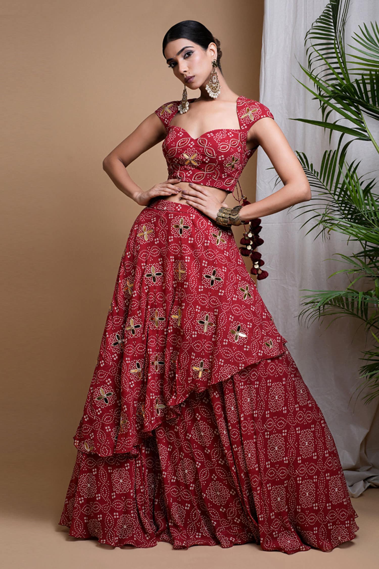 Buy Red Heavy Georgette Digital Print Bandhani Sweetheart Lehenga Set ...