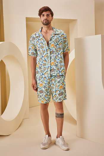 Buy Blue Linen Satin Printed Aquatic Shirt With Shorts For Men by The ...