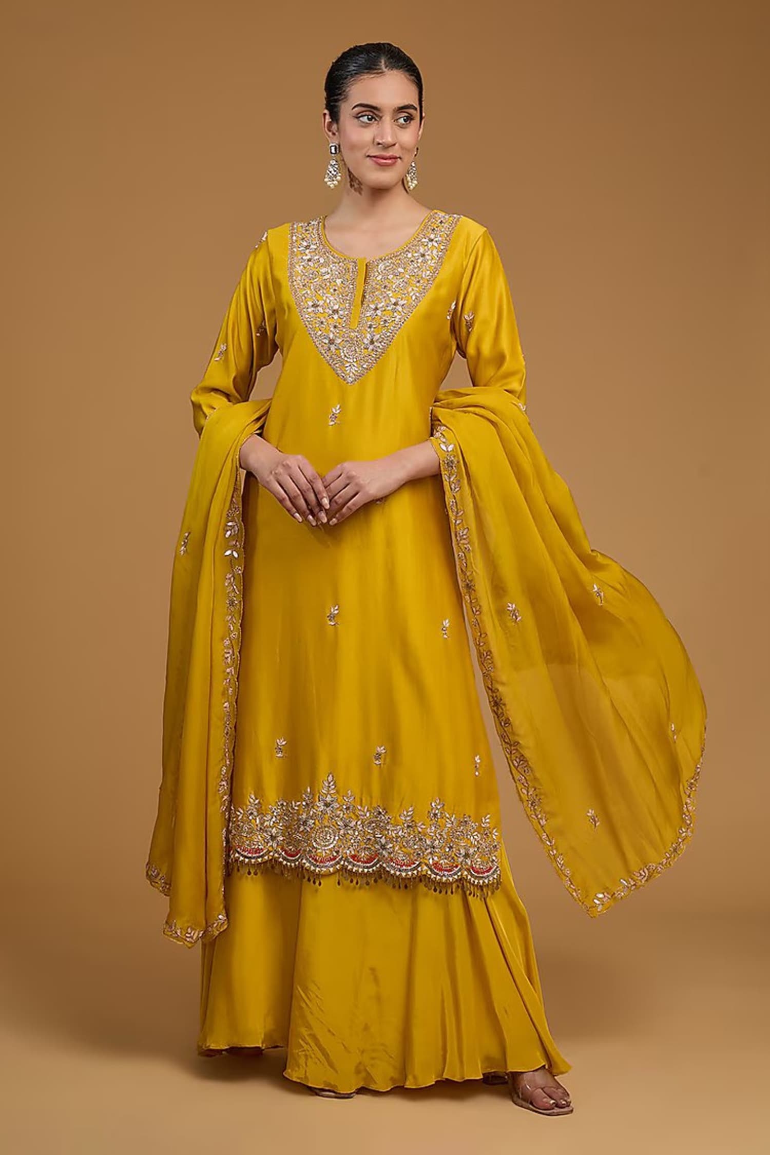 Buy Yellow Kurta Bamber Silk Hand Embroidered Dabka Round Yoke With ...