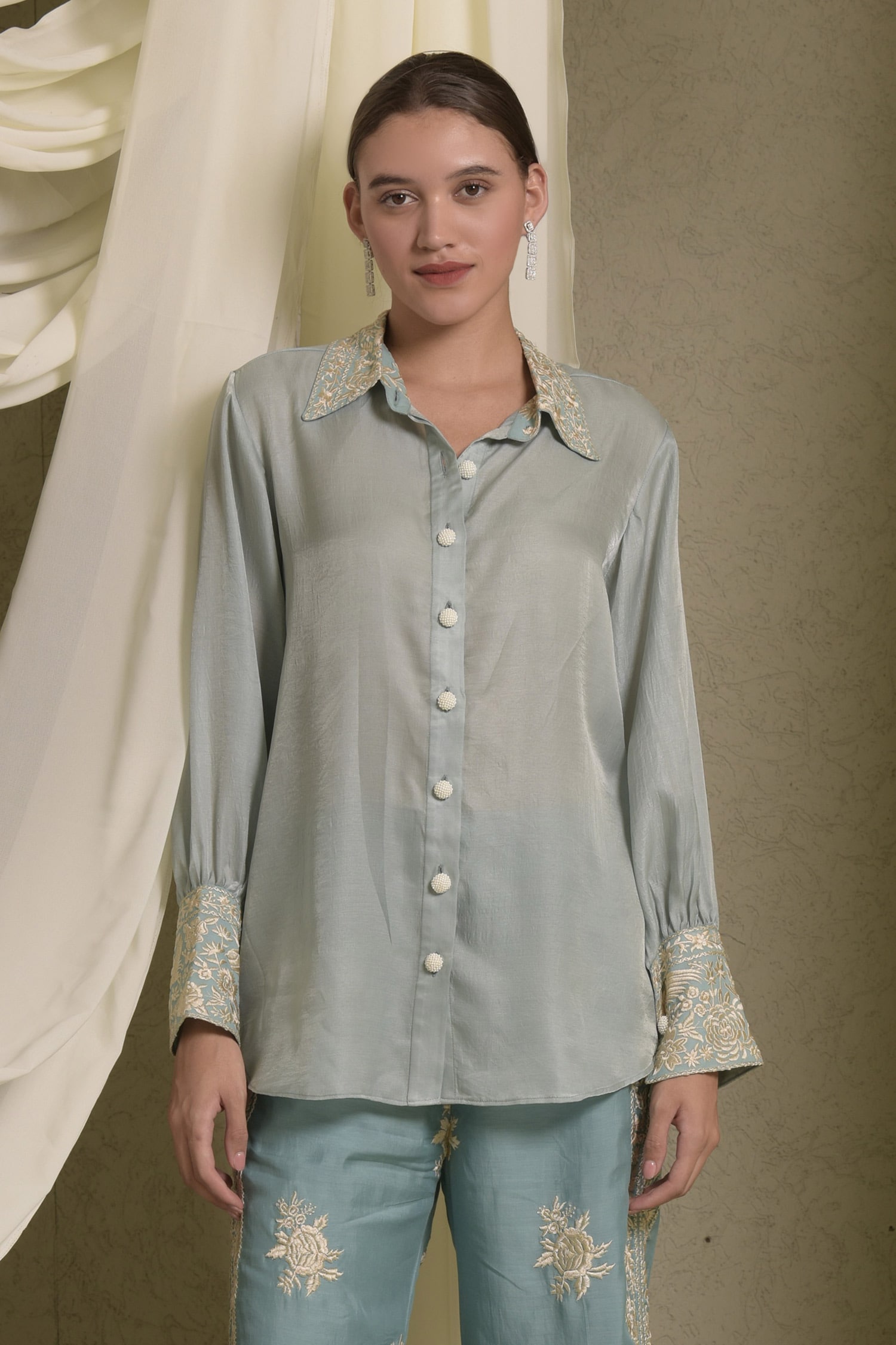 Buy Blue Georgette Gara Collared Reyna Embroidered Shirt For Women by ...