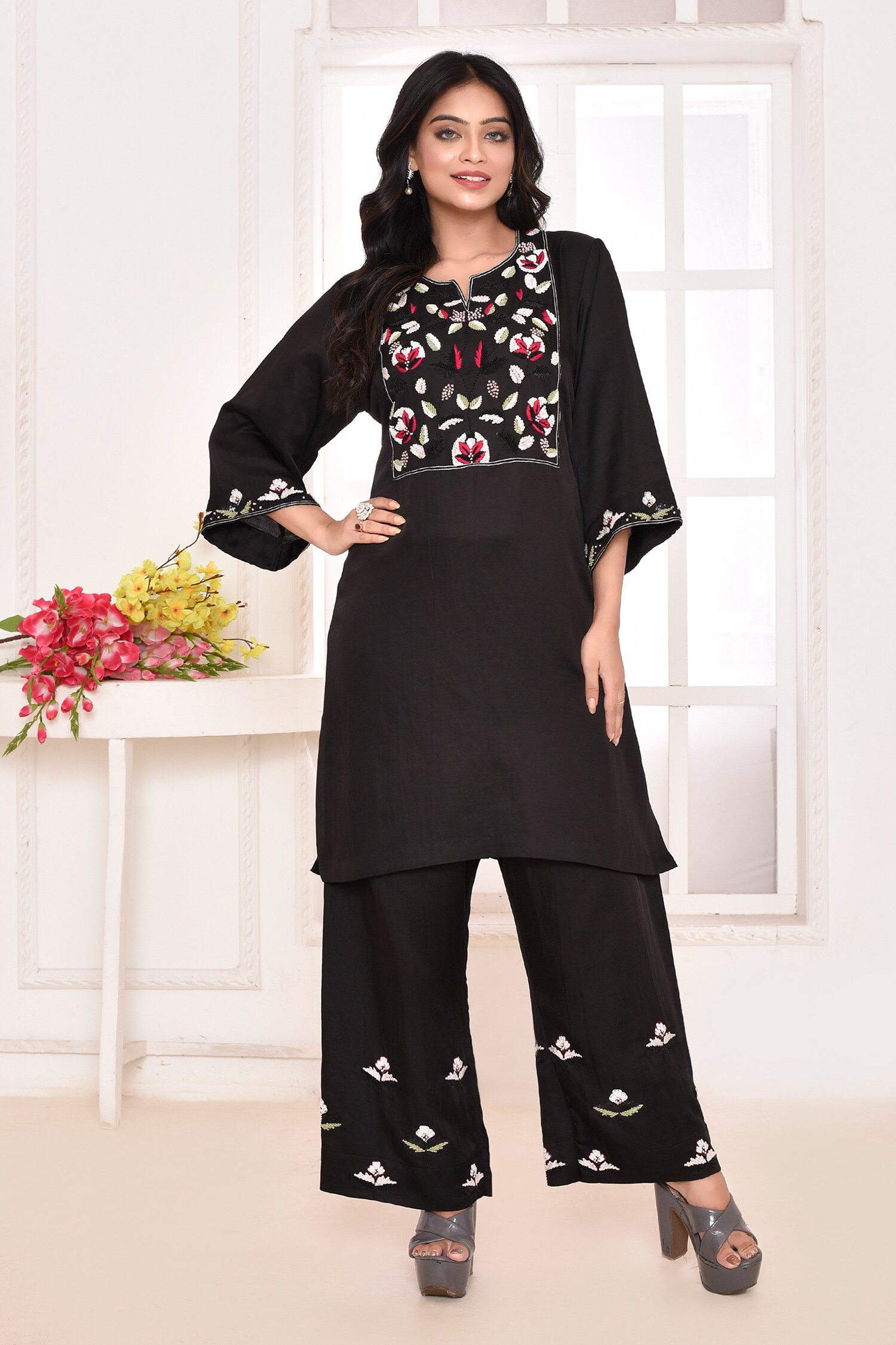 Buy Black Pure Linen Satin Embroidery Floral Notched Round Bodice Kurta ...