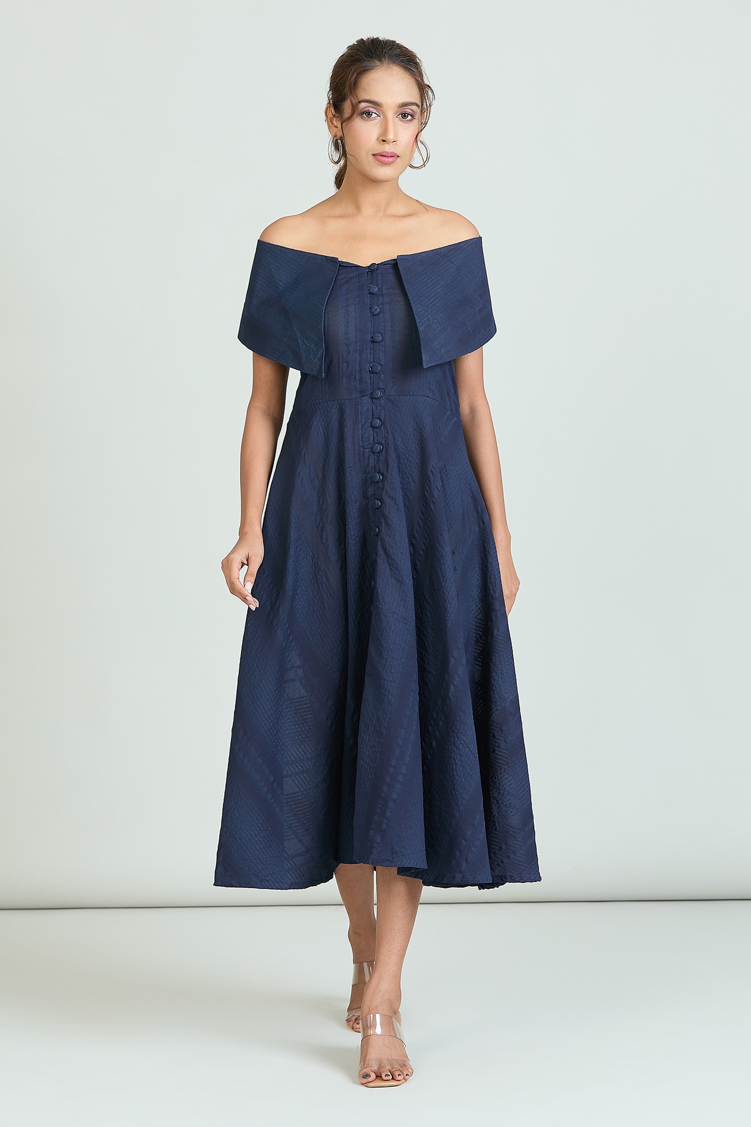 Buy Blue Cotton Solid Off Shoulder Exaggerated Collared Dress For Women ...