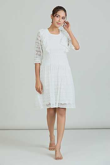 Buy White Net U Neck Frilled Fit And Flared Dress For Women by Naintara ...