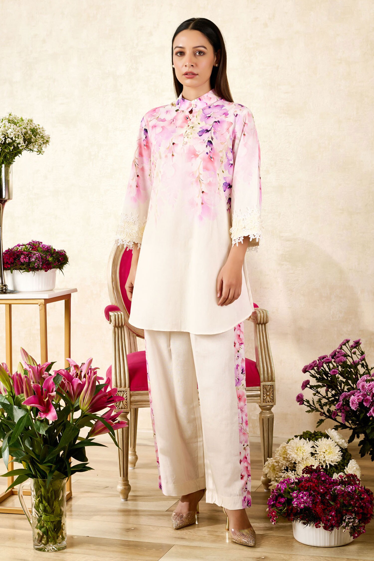 Buy Beige Linen Printed Floral Blossom Mandarin Collar Tunic With Pant ...