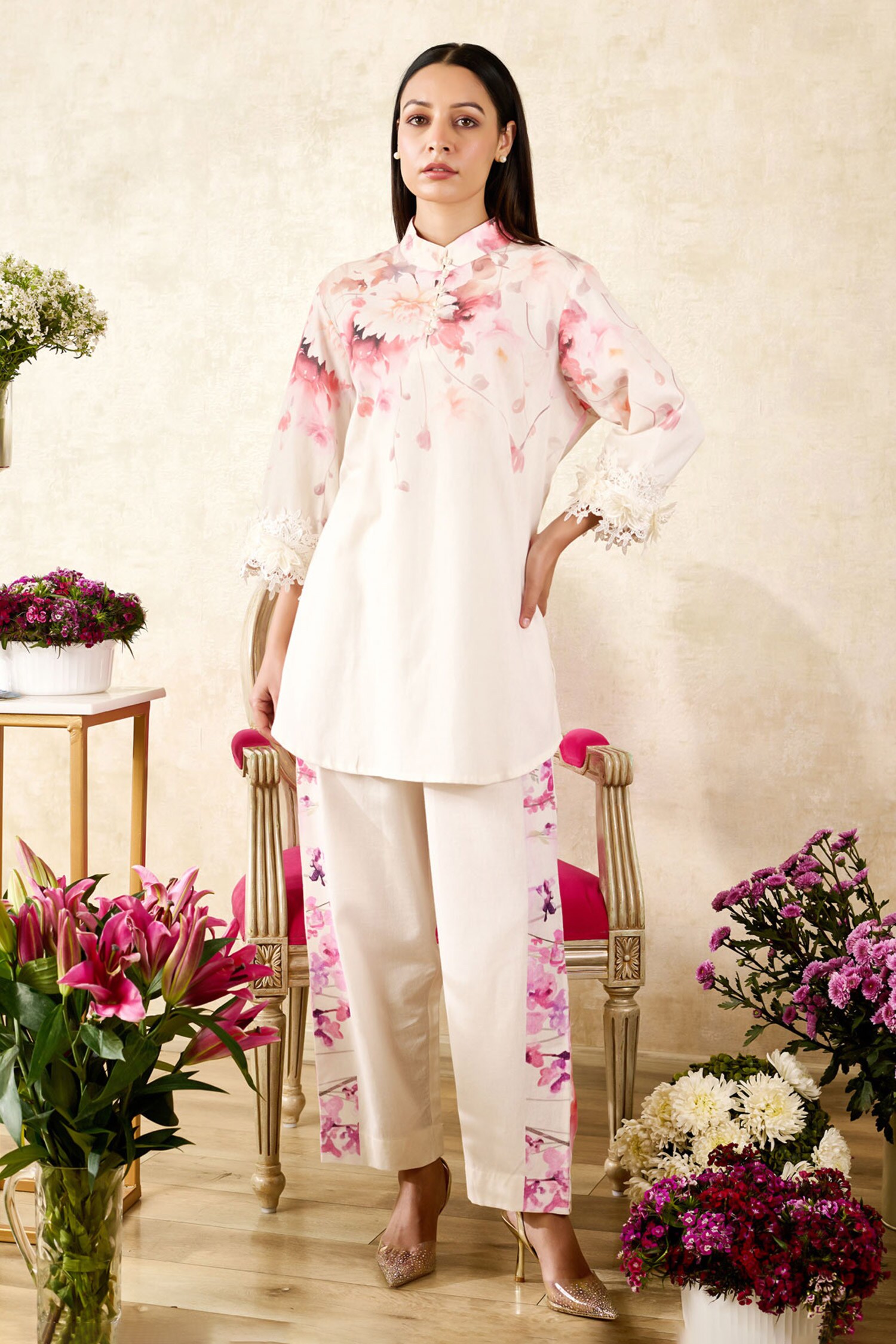 Buy Off White Linen Printed Lotus Mandarin Collar Tunic With Pant For ...