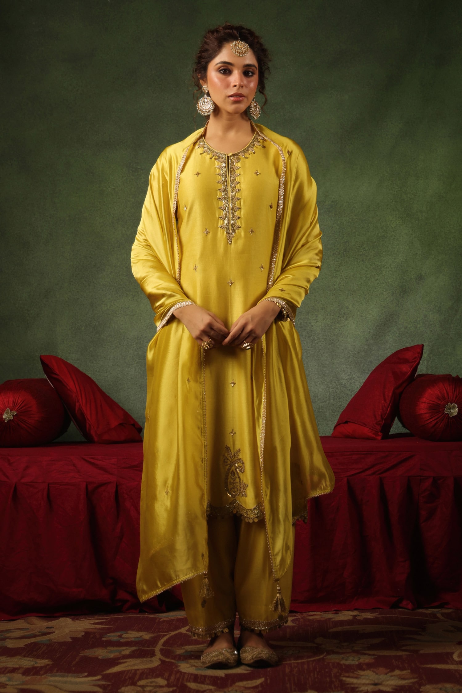 Buy Yellow Kurta And Pant Chanderi Silk Embroidery Zardozi Ambi Buta ...