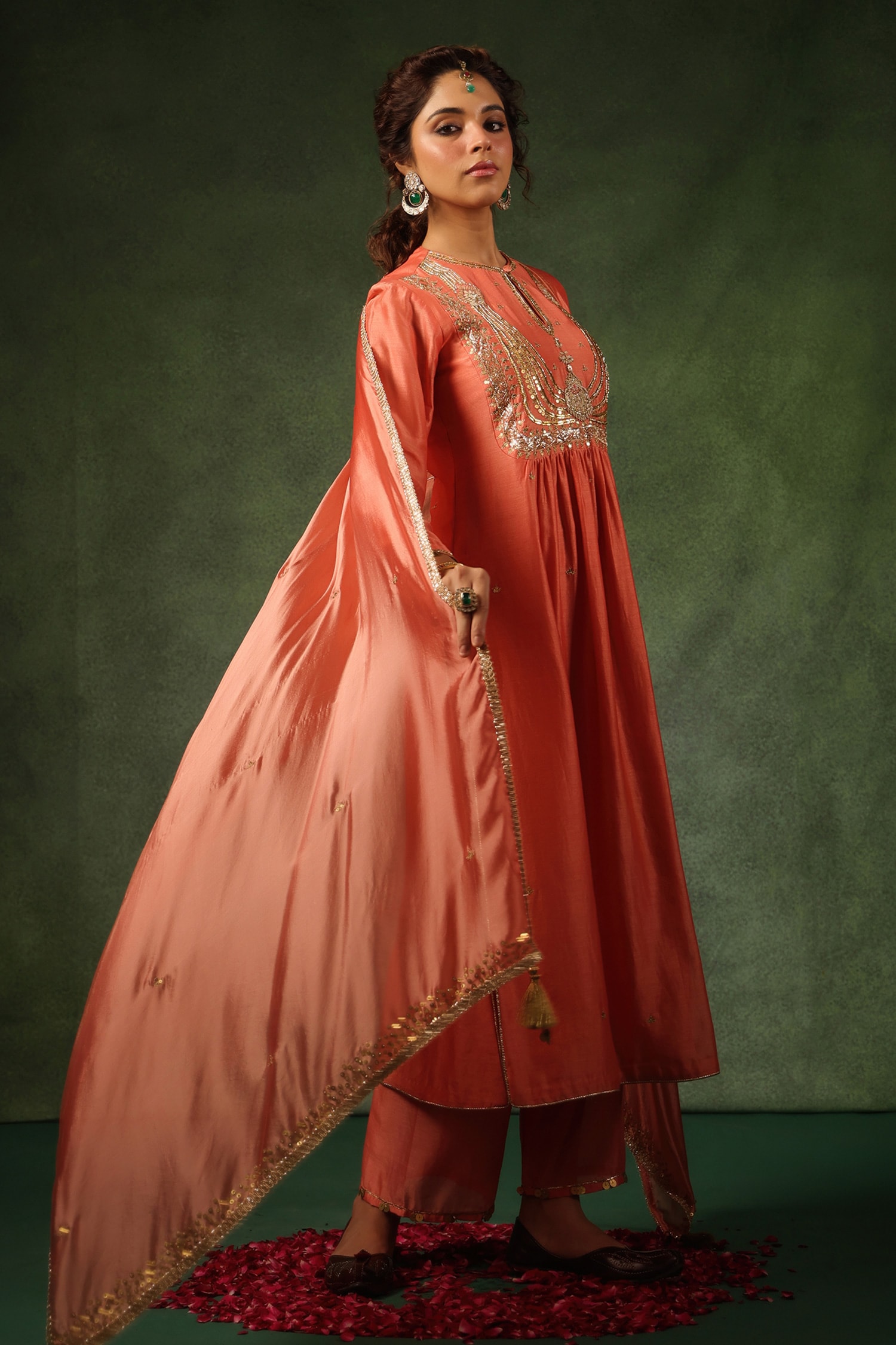 Buy Peach Kurta And Pant Chanderi Silk Embroidery Zardozi Keyhole Yoke Set For Women by Label ...