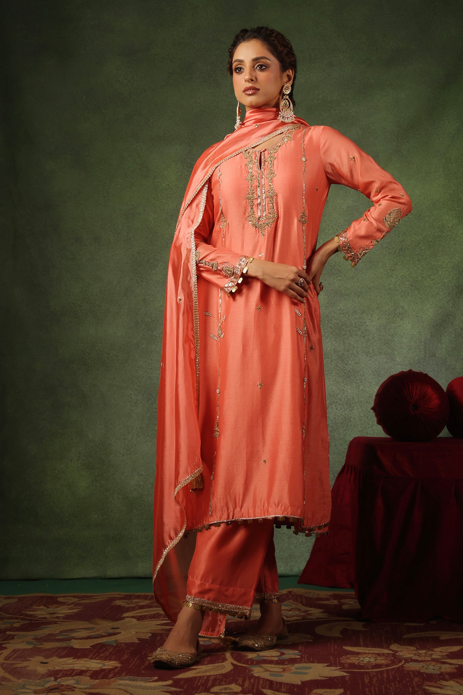 Buy Peach Kurta And Pant Chanderi Silk Embroidery Zardozi Round Leaf Stripe Set For Women by ...