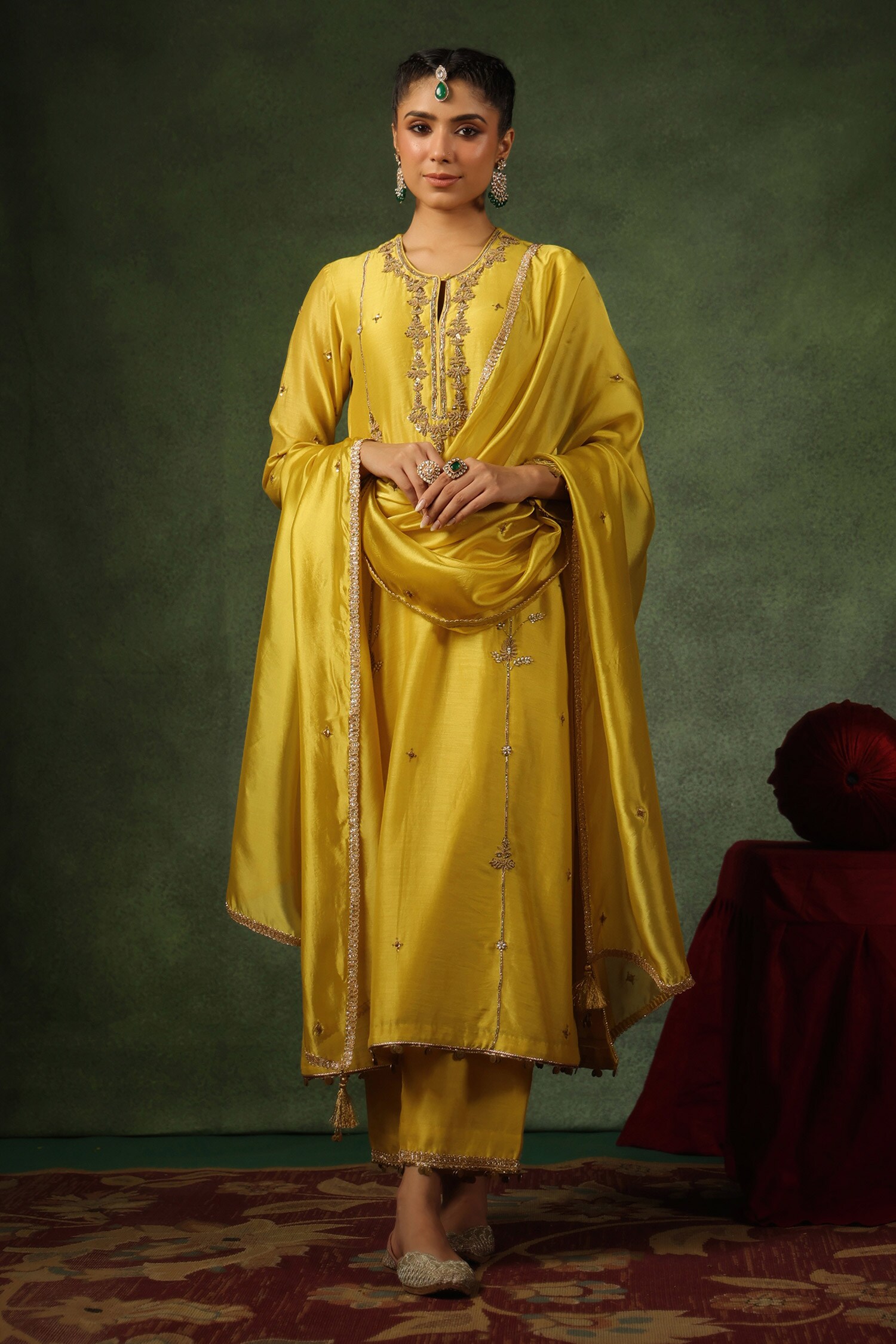 Buy Yellow Kurta And Pant Chanderi Silk Embroidery Zardozi Round Patti ...