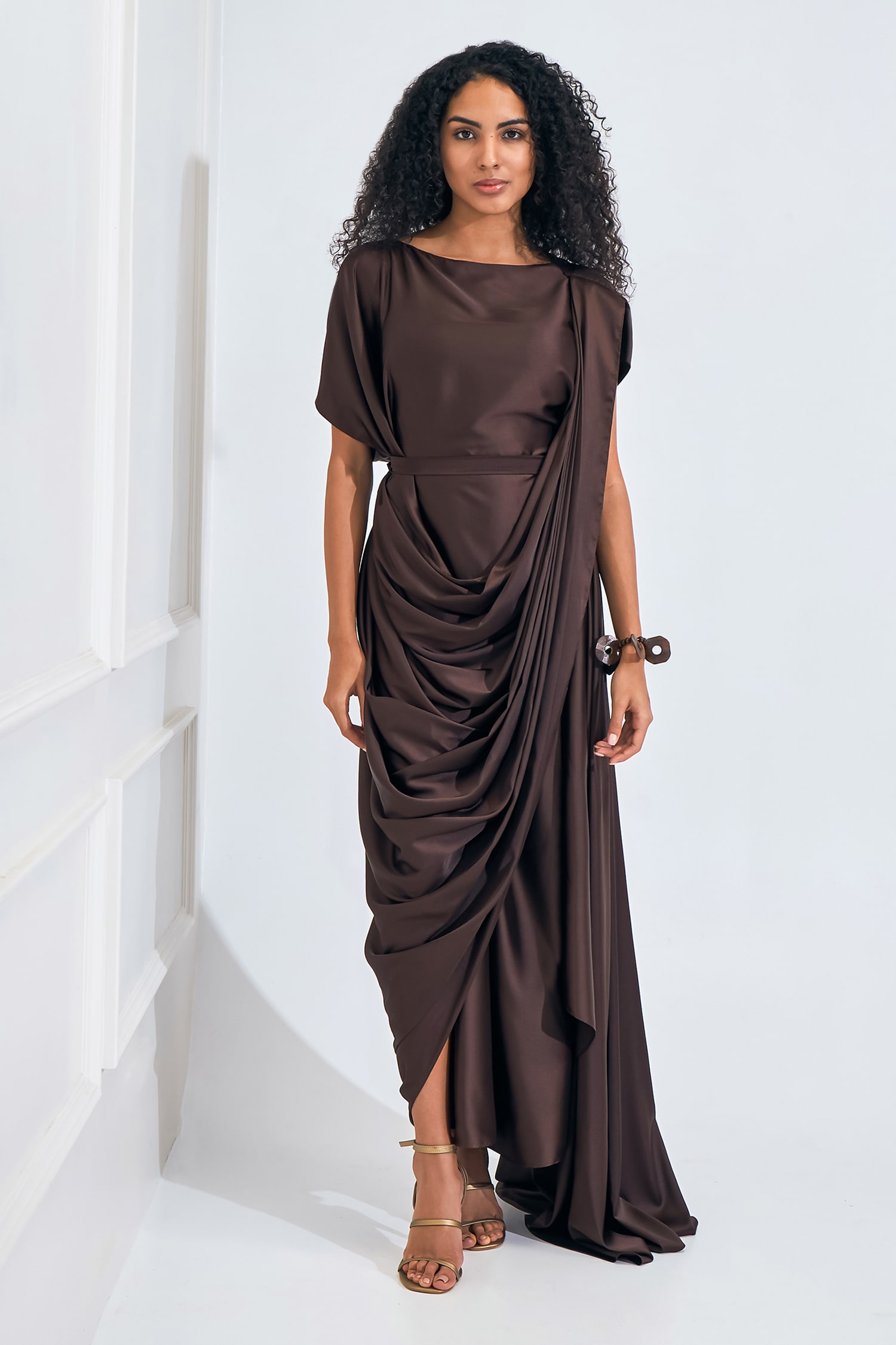 Buy Brown Satin Solid Boat Neck Drape Gown For Women by Na-Ka Online at ...