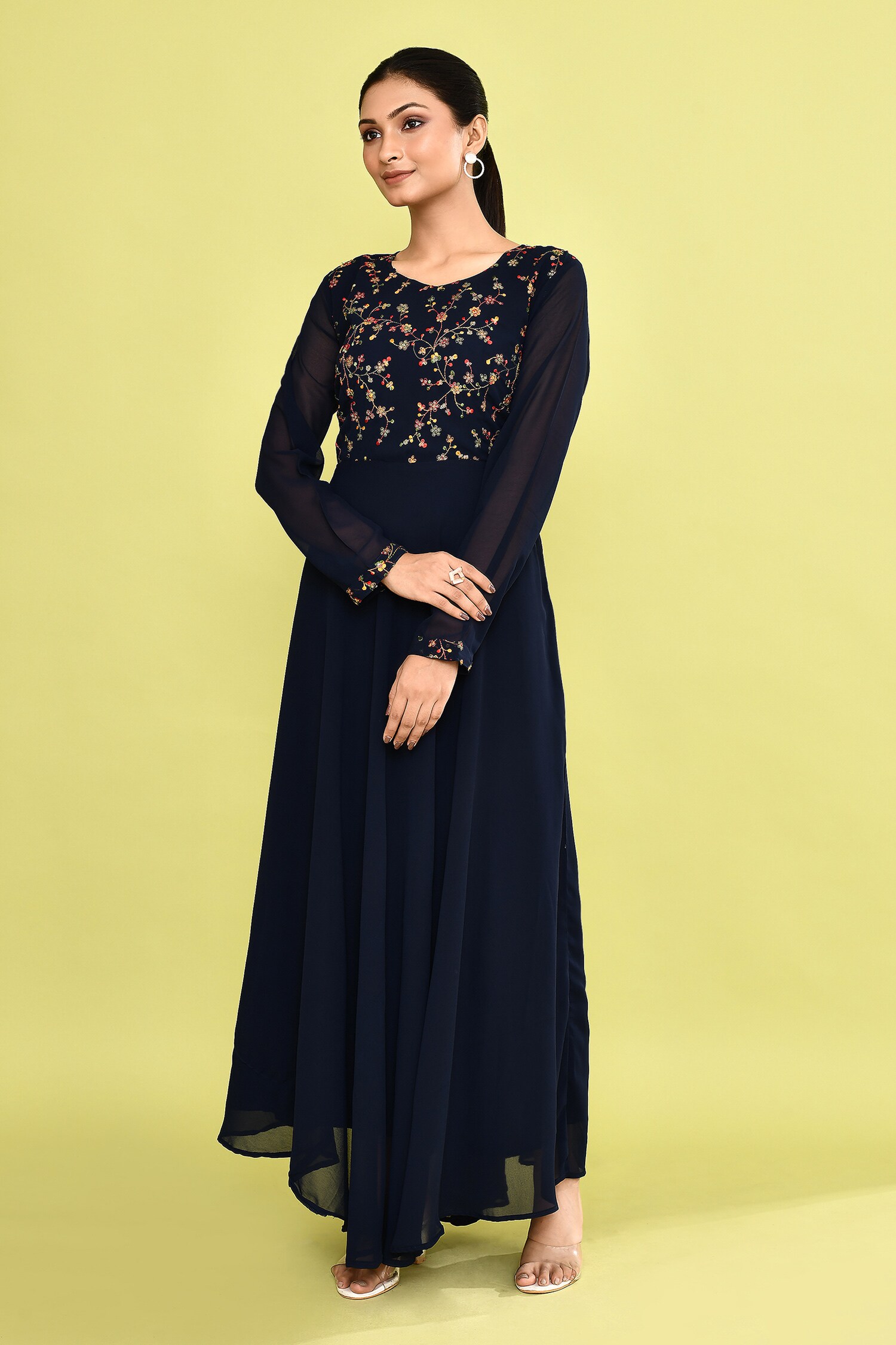 Buy Blue Georgette Embroidered Mini Floral Round Dress For Women by ...