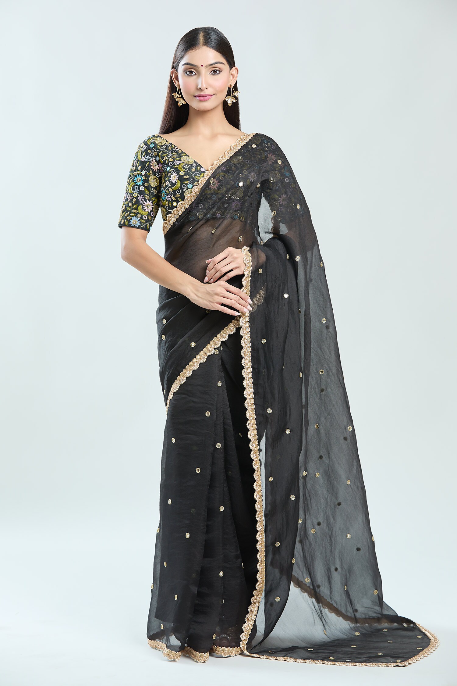 Buy Black Raw Silk Embroidered Resham V Neck Saree With Blouse For ...