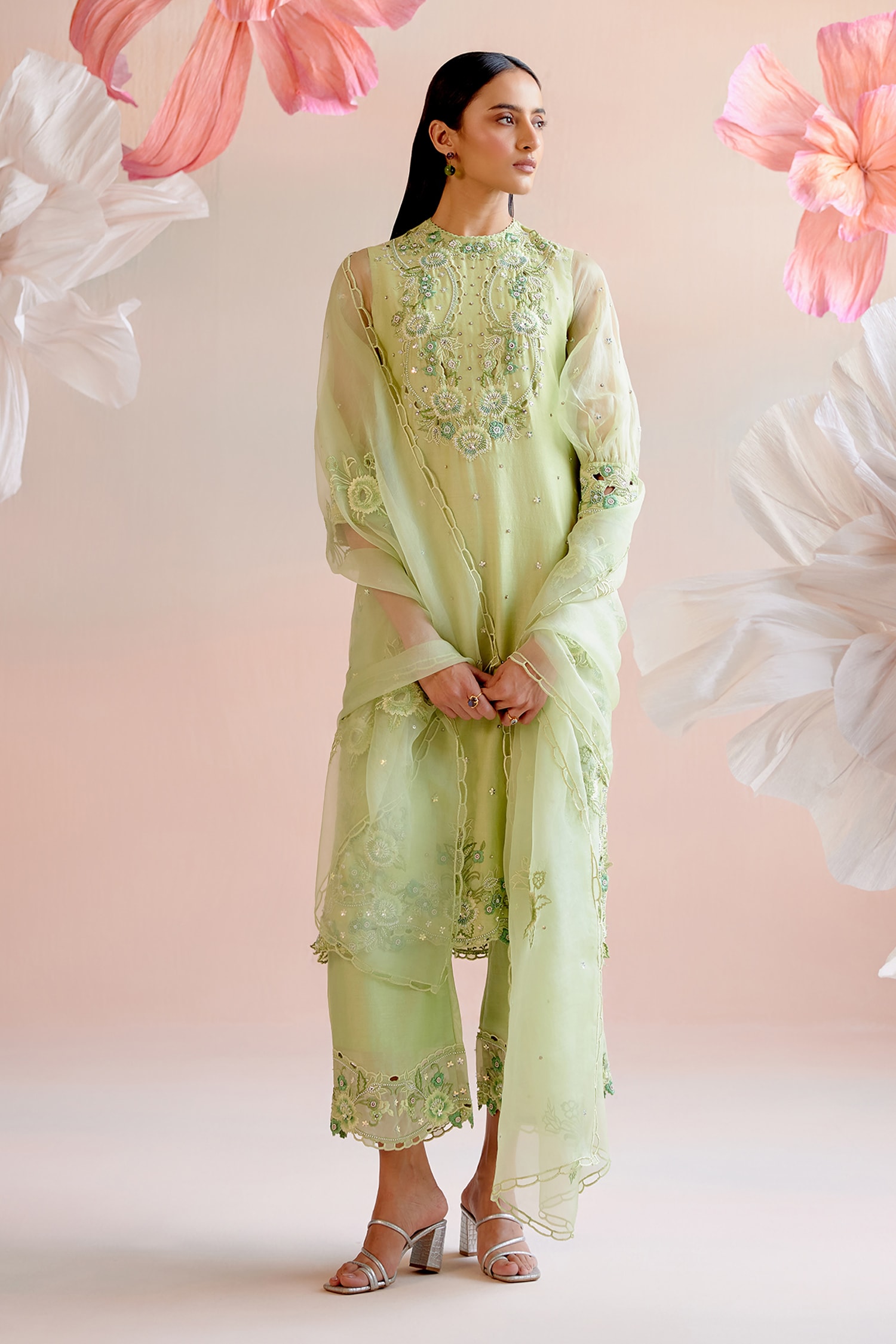 Buy Green Chanderi Embroidery Floral Round Cutwork Kurta With Pant For ...
