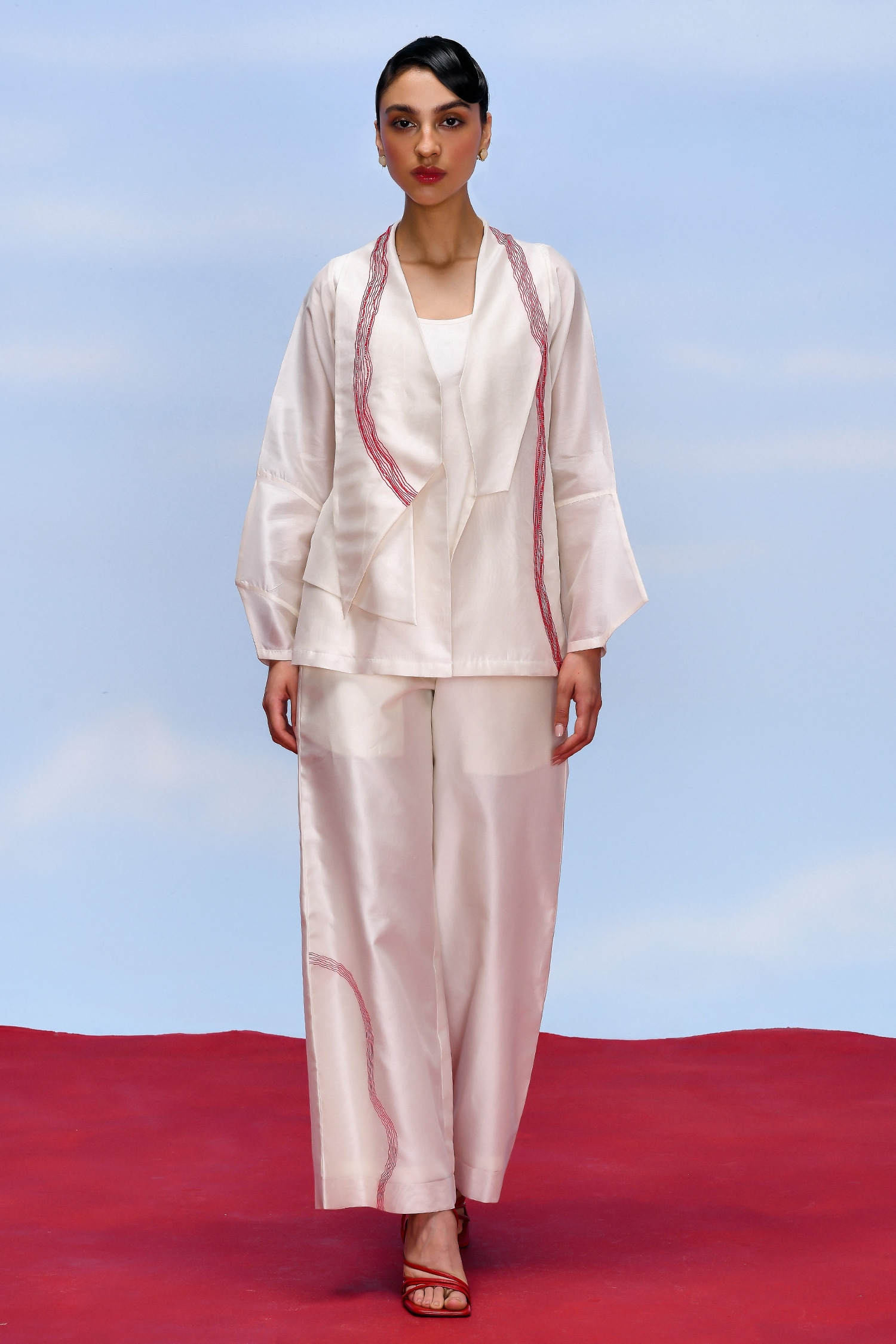 Buy Ivory Chanderi Hand Embroidery Thread Jacket Open Wave Pant Set For ...